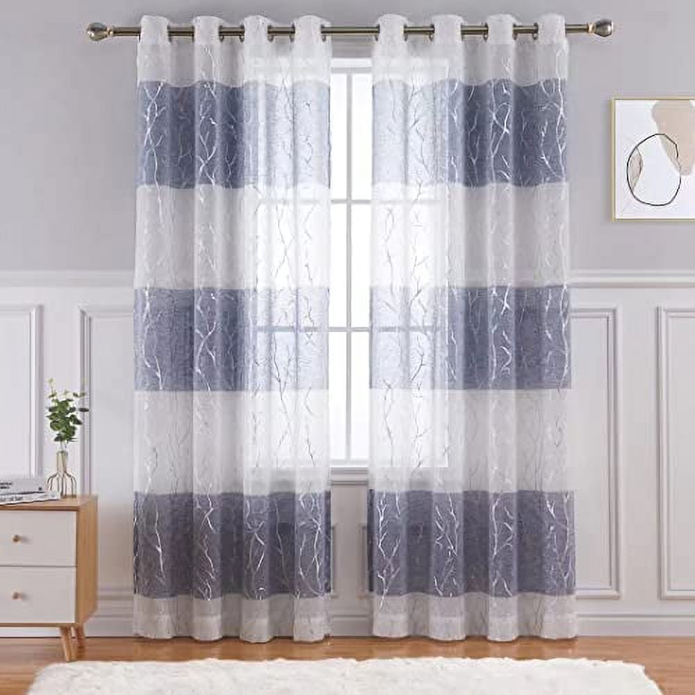HA-EMORE 2 Piece Set Blue Sheer Curtains Length Silver Tree Branch Semi ...