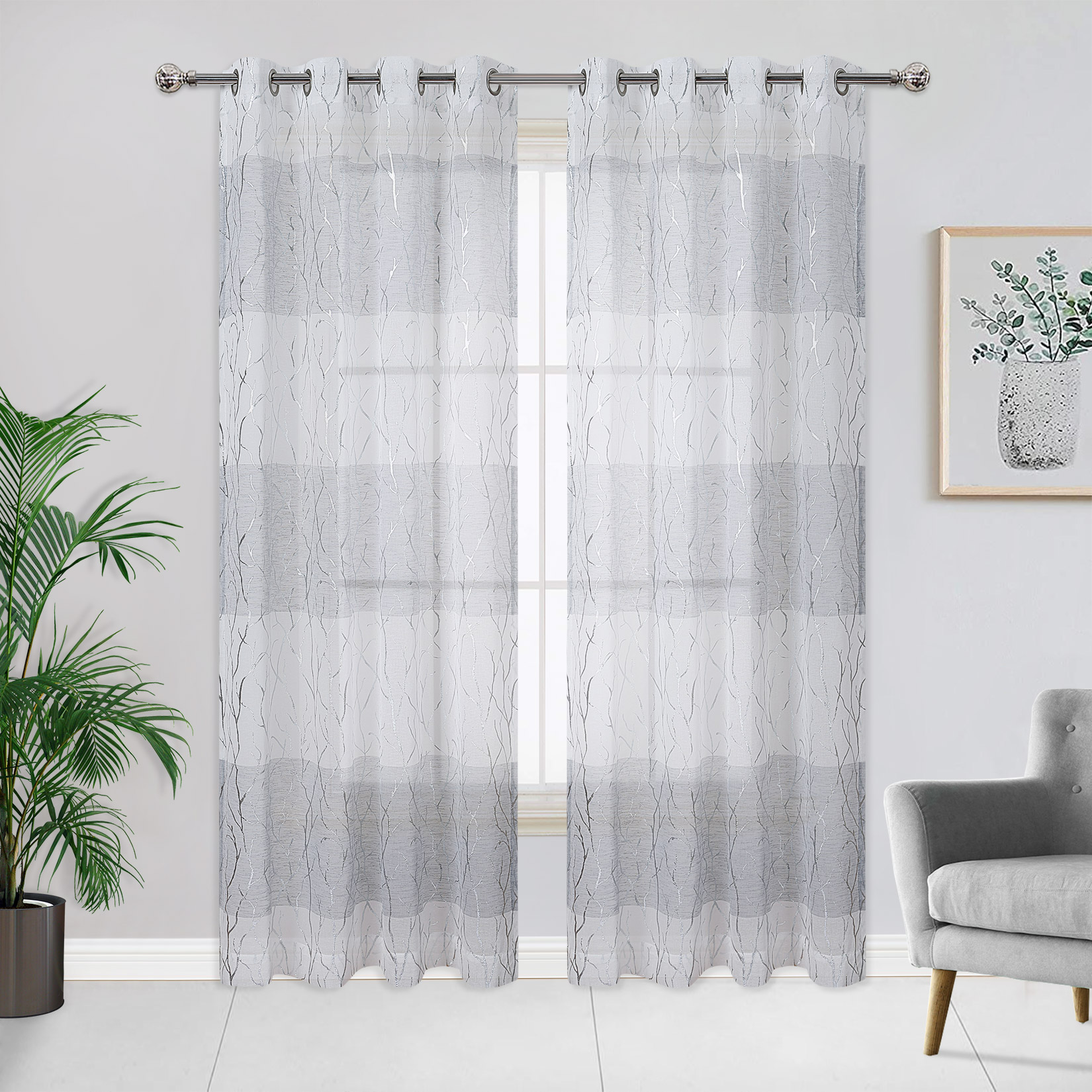 HA-EMORE 2 Piece Set Gray Sheer Curtains Length Silver Tree Branch Semi ...
