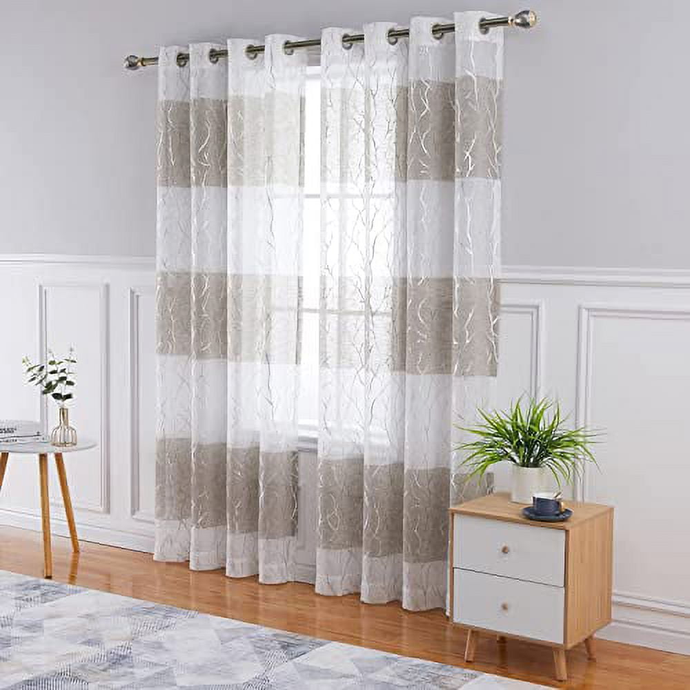 HA-EMORE 2 Piece Set Sheer Curtains Length Silver Tree Branch Semi ...