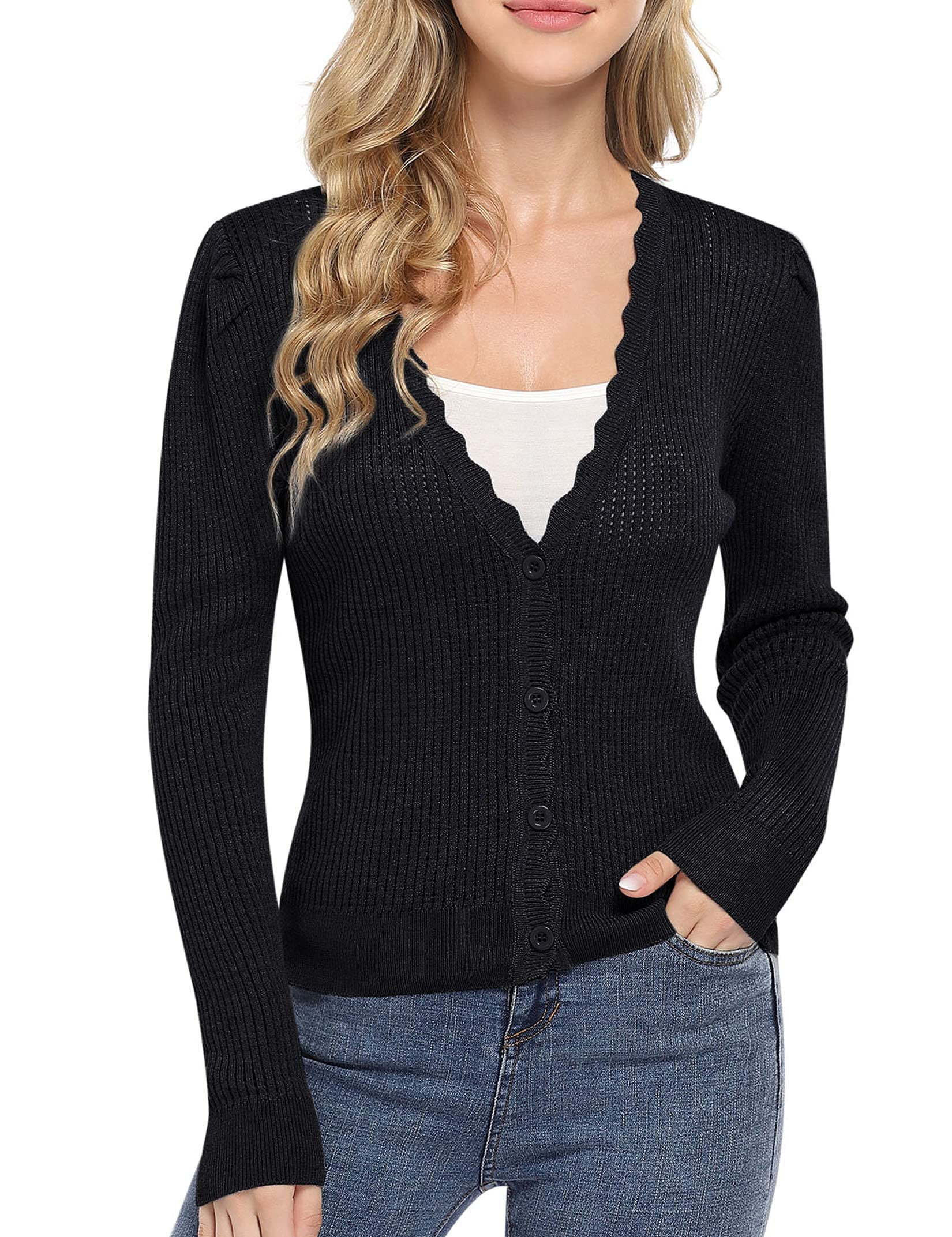 HA-EMORE Cropped Cardigans for Women Sweater Long Sleeve Button Up V ...