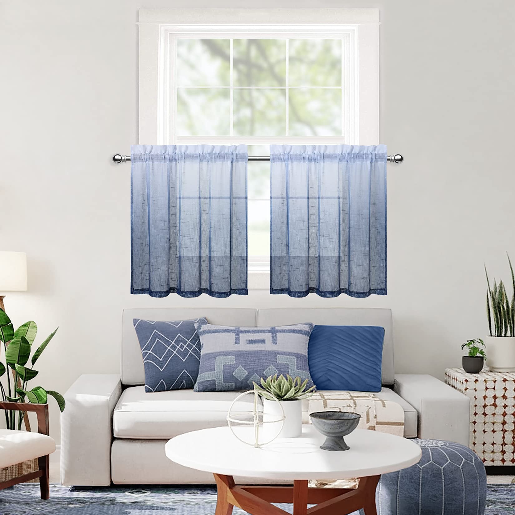 HA-EMORE Gradient Sheer Kitchen Curtain Faux Linen Sheer Curtains Voile ...