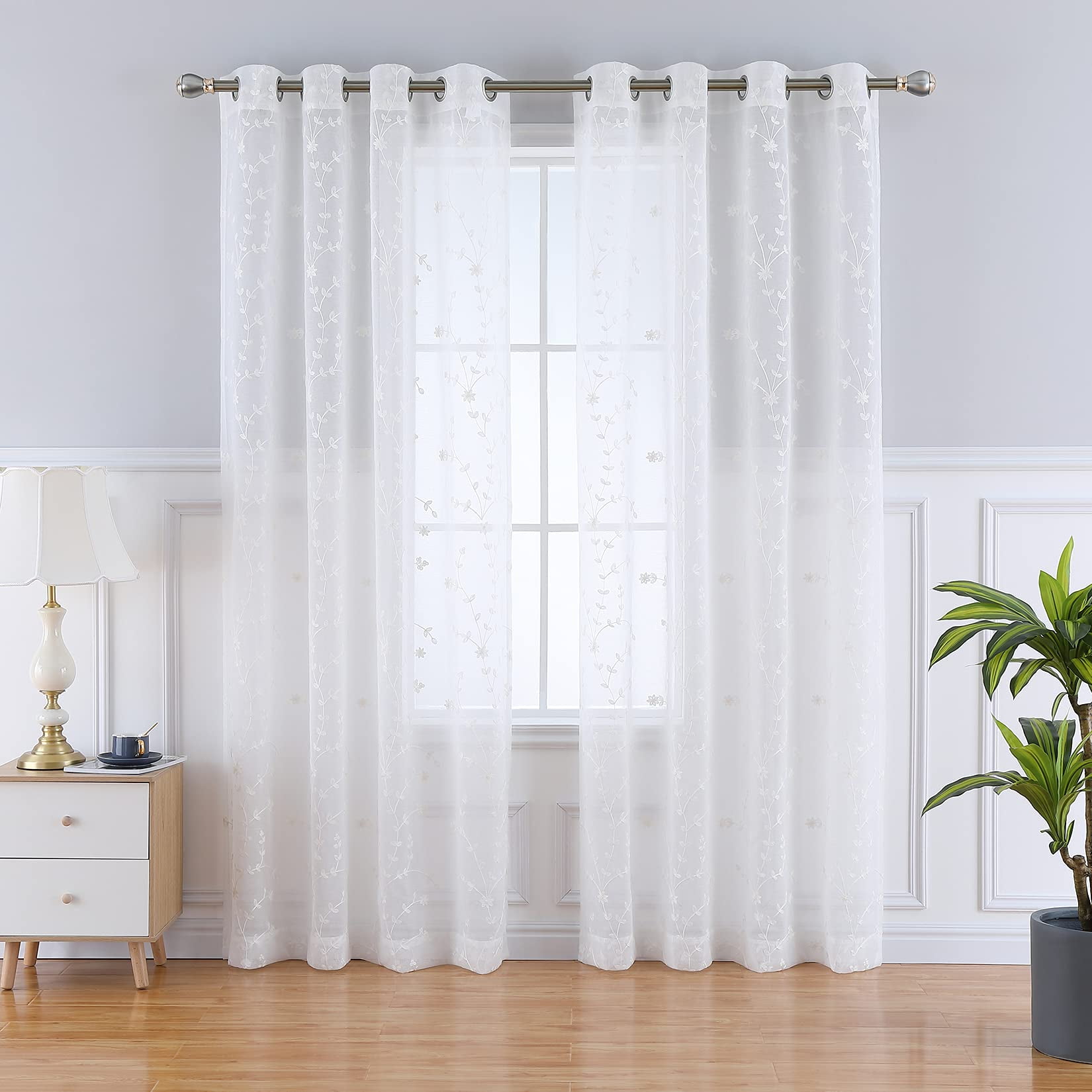 HA-EMORE Length Curtains Sheer , Leaf Embroidered Grommet Voile Drapes ...
