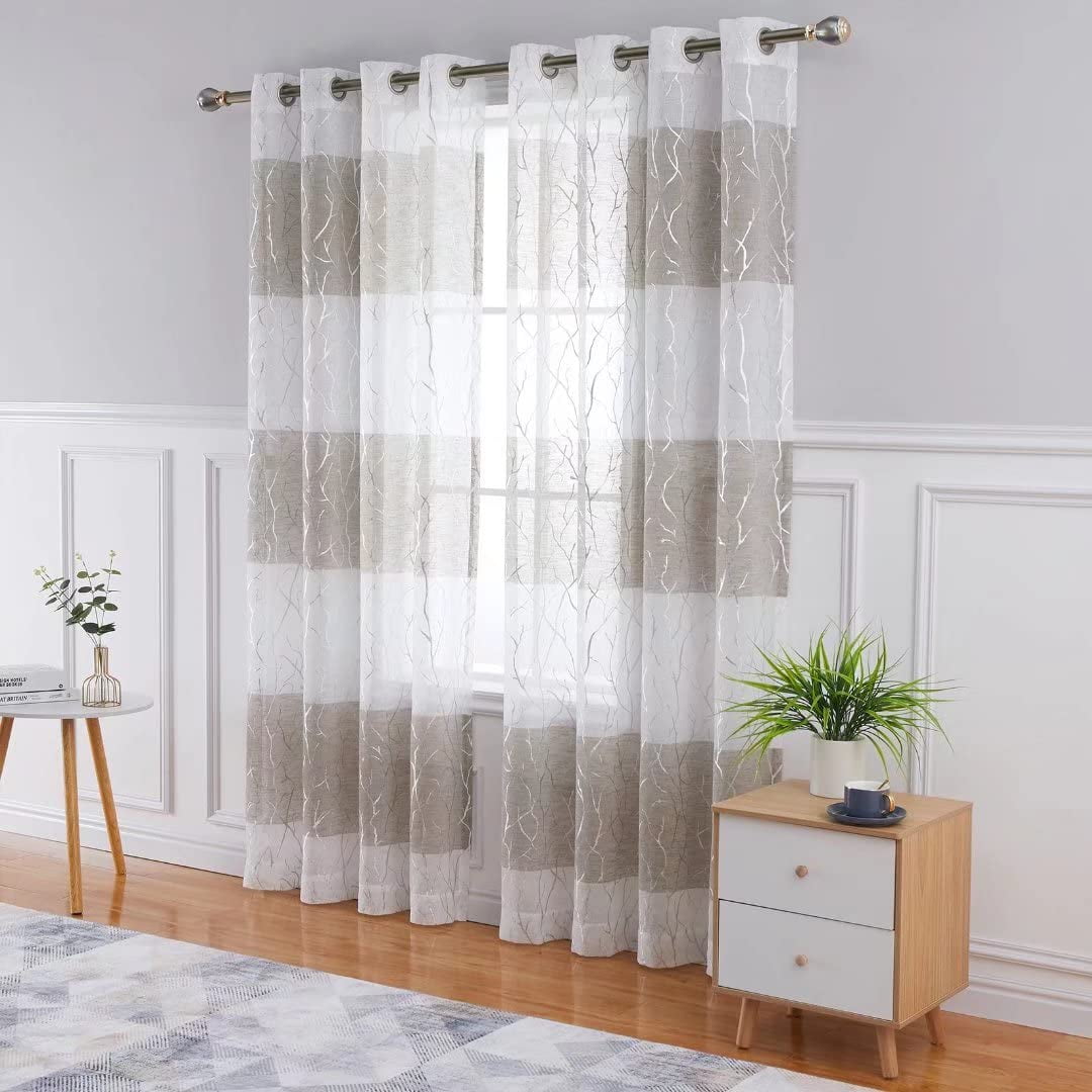 HA-EMORE Sheer Curtains Length Silver Tree Branch Semi Sheer Curtain ...