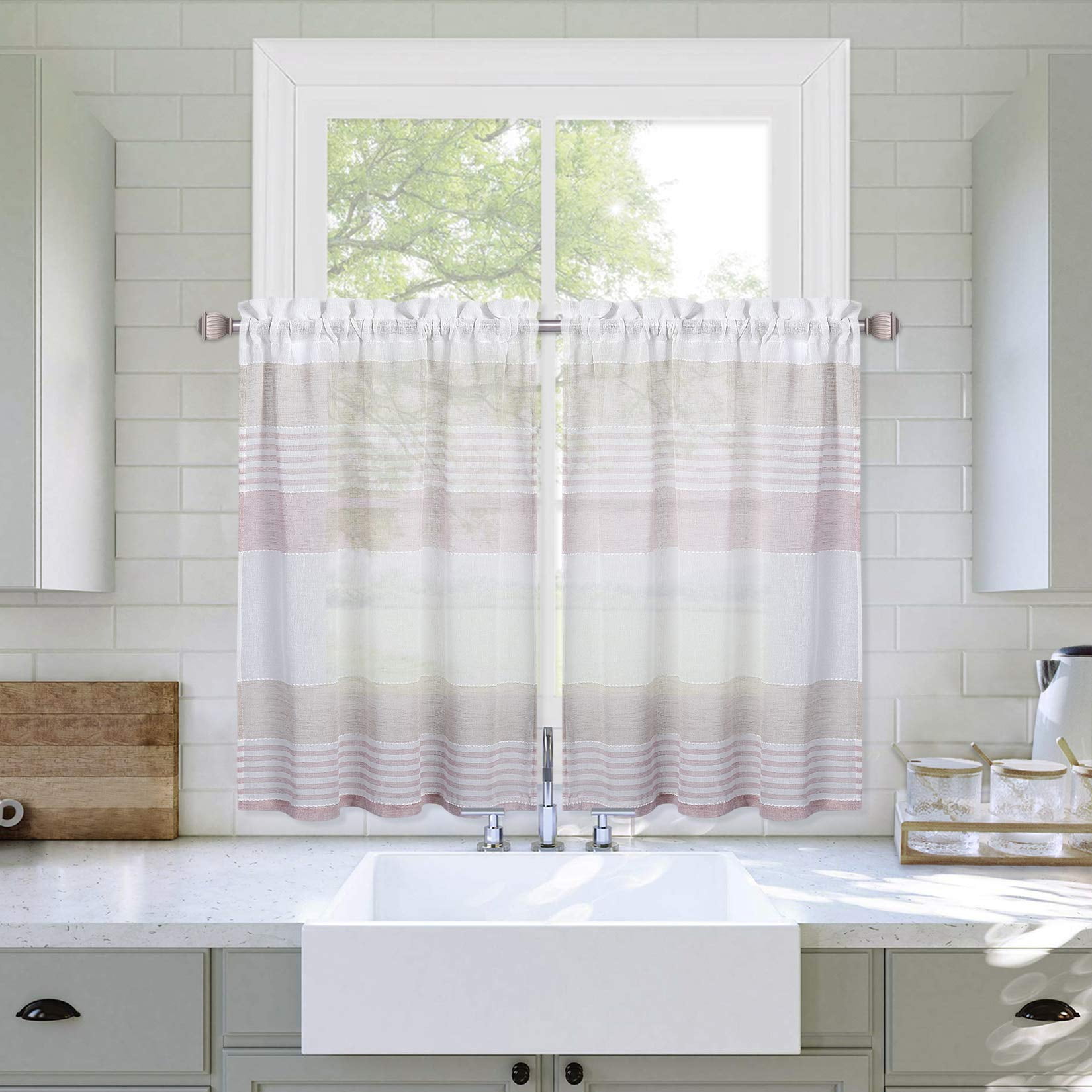 HA-EMORE Sheer Kitchen Window Curtains, Splicing Striped Design ...
