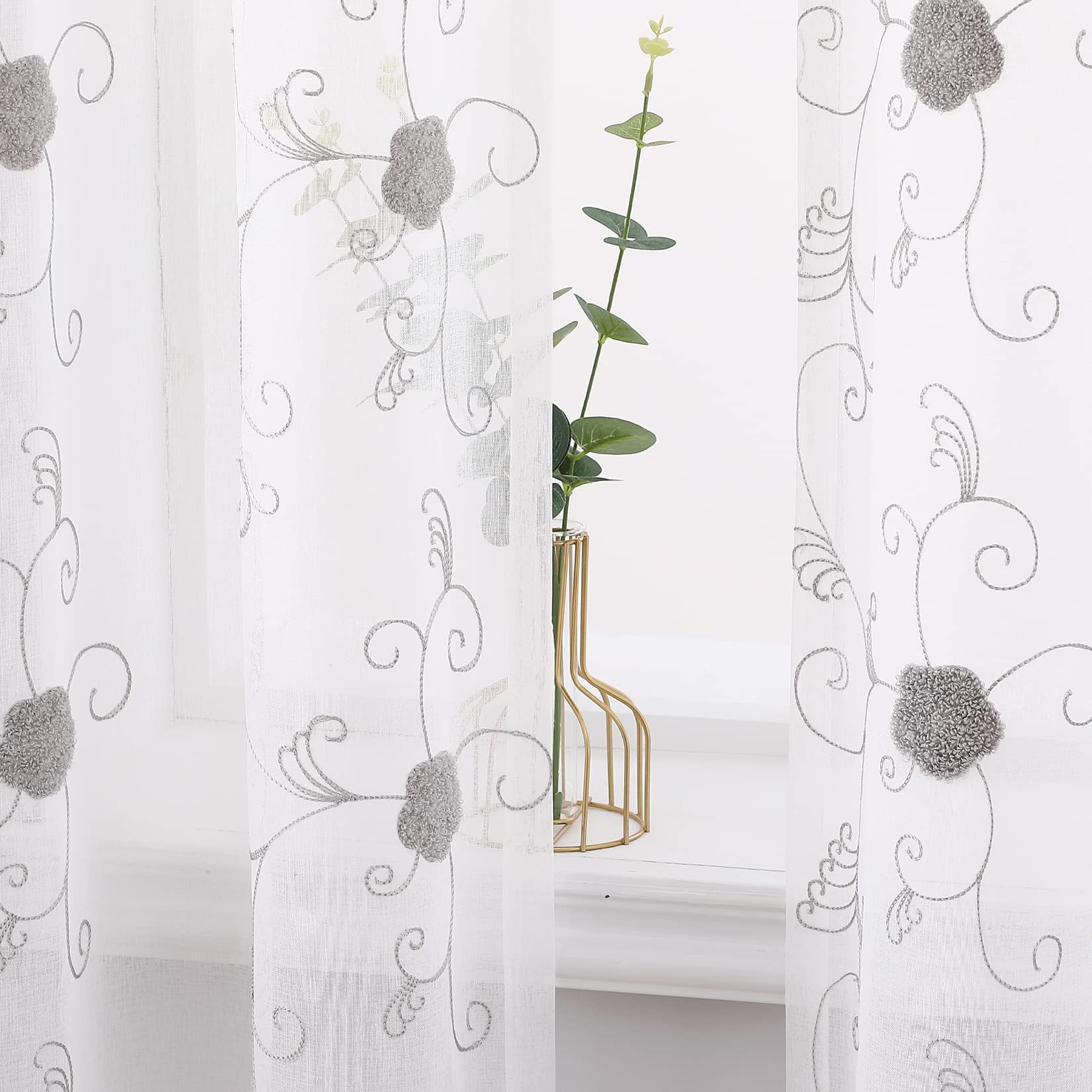 HA-EMORE Sheers for Windows Curtains, White Floral Embroidered Semi ...