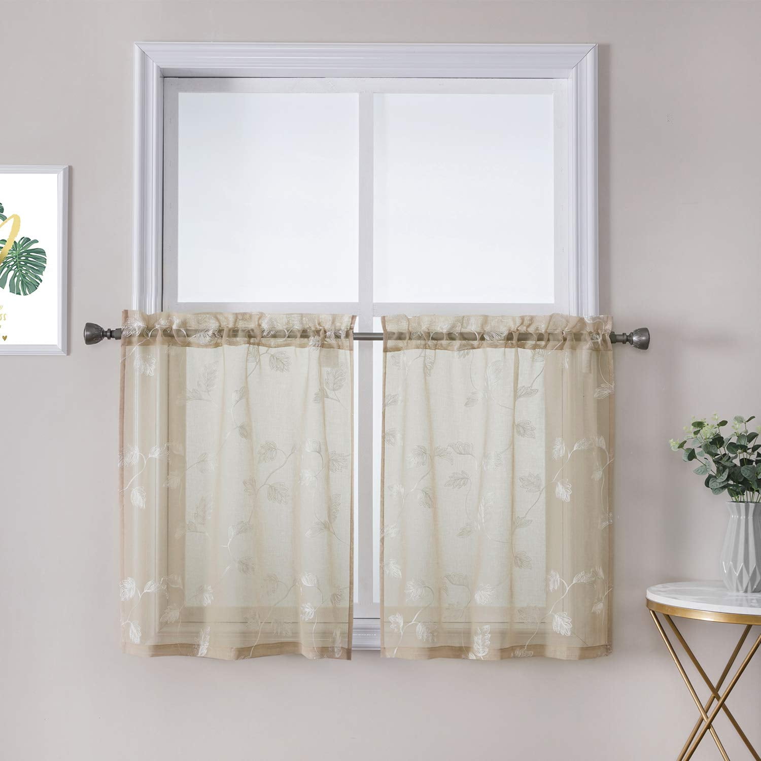 HA-EMORE Short Sheer Curtains 45 inch Floral Embroidered Faux Linen ...