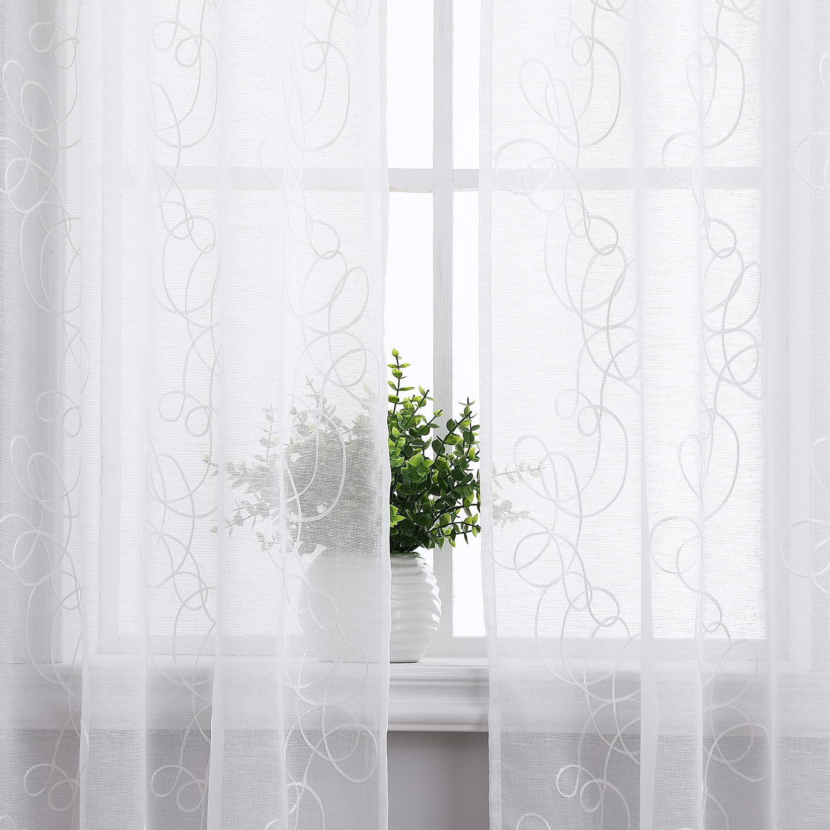 HA-EMORE White Sheer Curtains 63 Inch Length Embroidered Semi Sheer ...