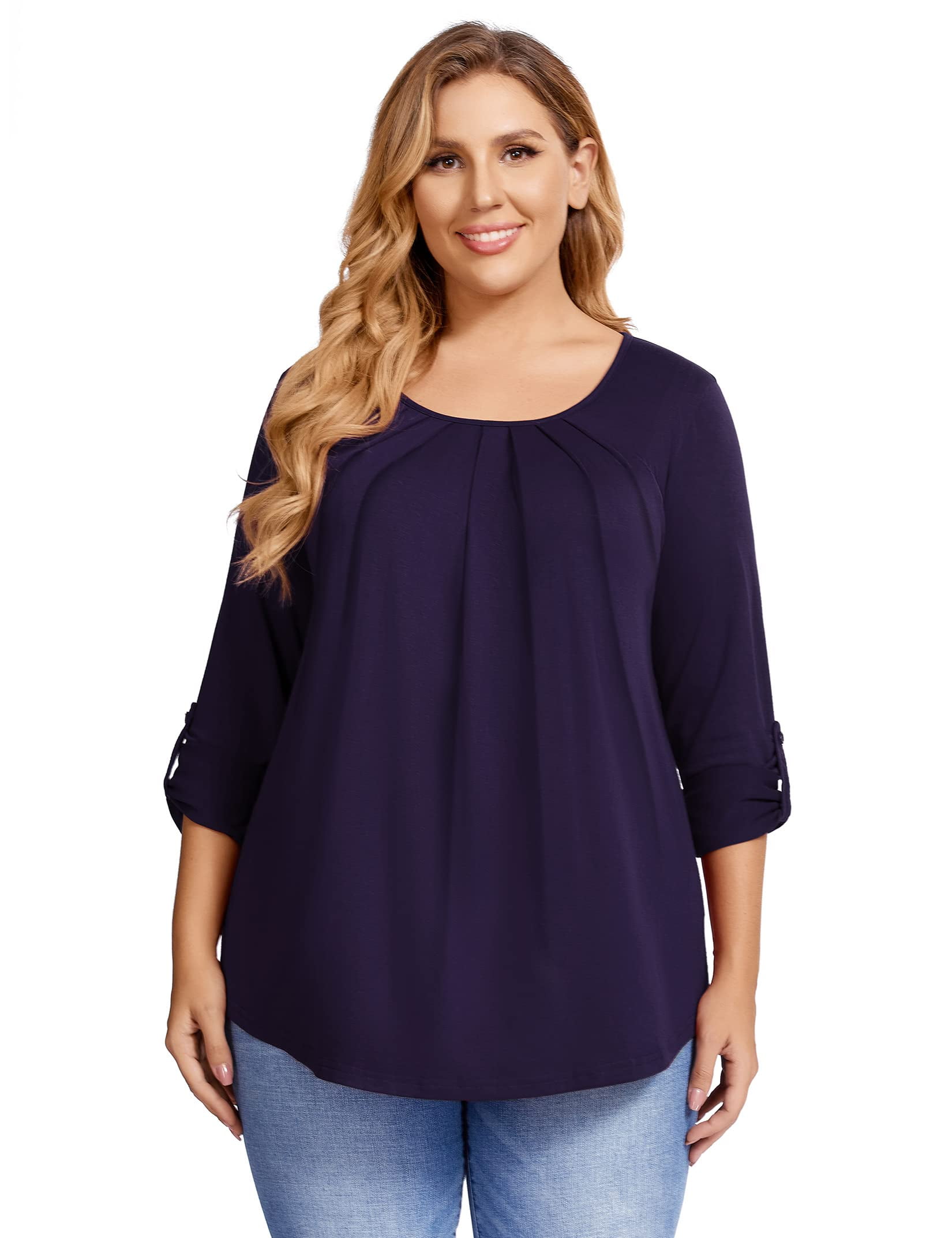 HA-EMORE Women Plus Size Top Pleated Flowy Tops Long Sleeve Casual ...