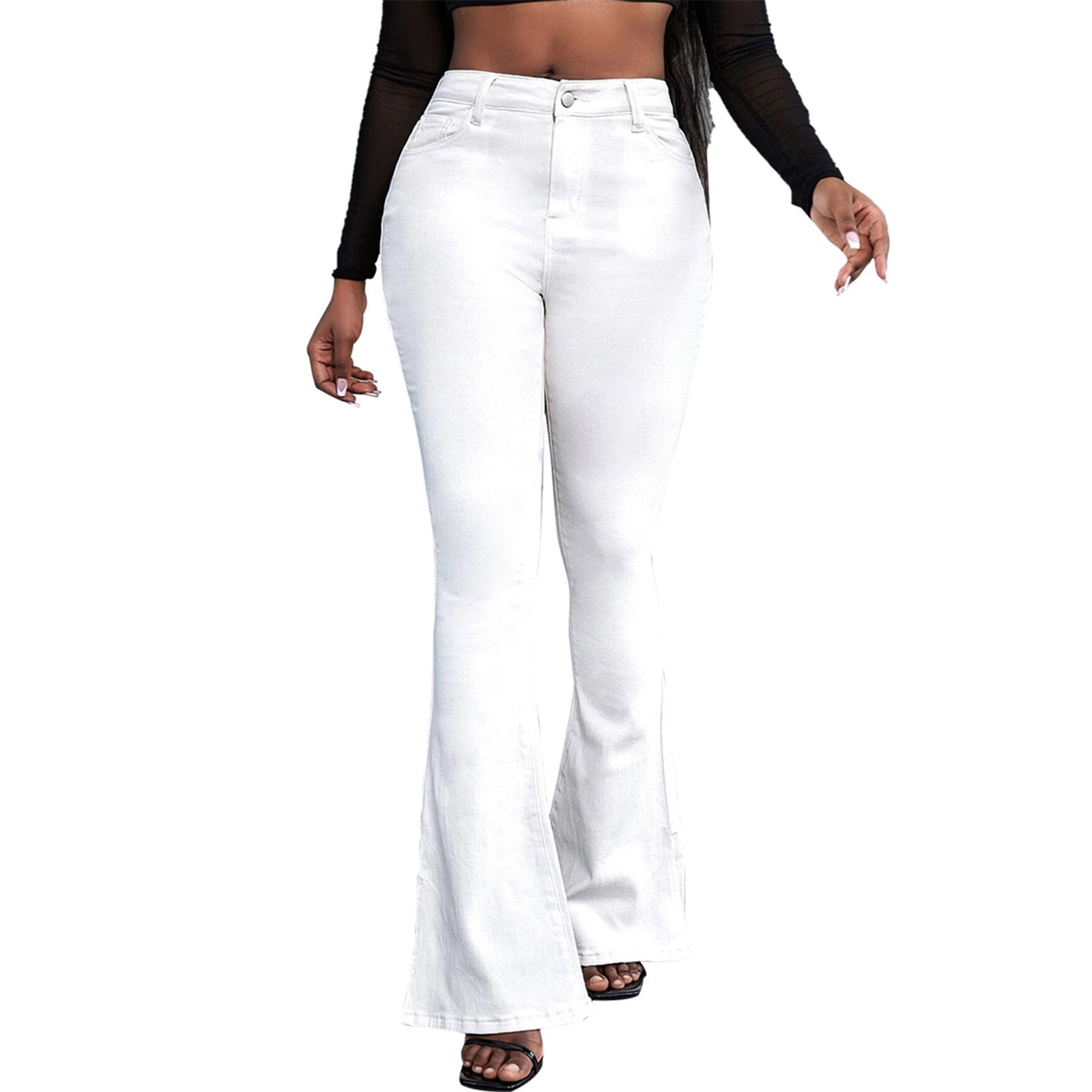 HABDGIKS Womens Jeans High Waist Denim Elastic Flare Solid with Pocket ...