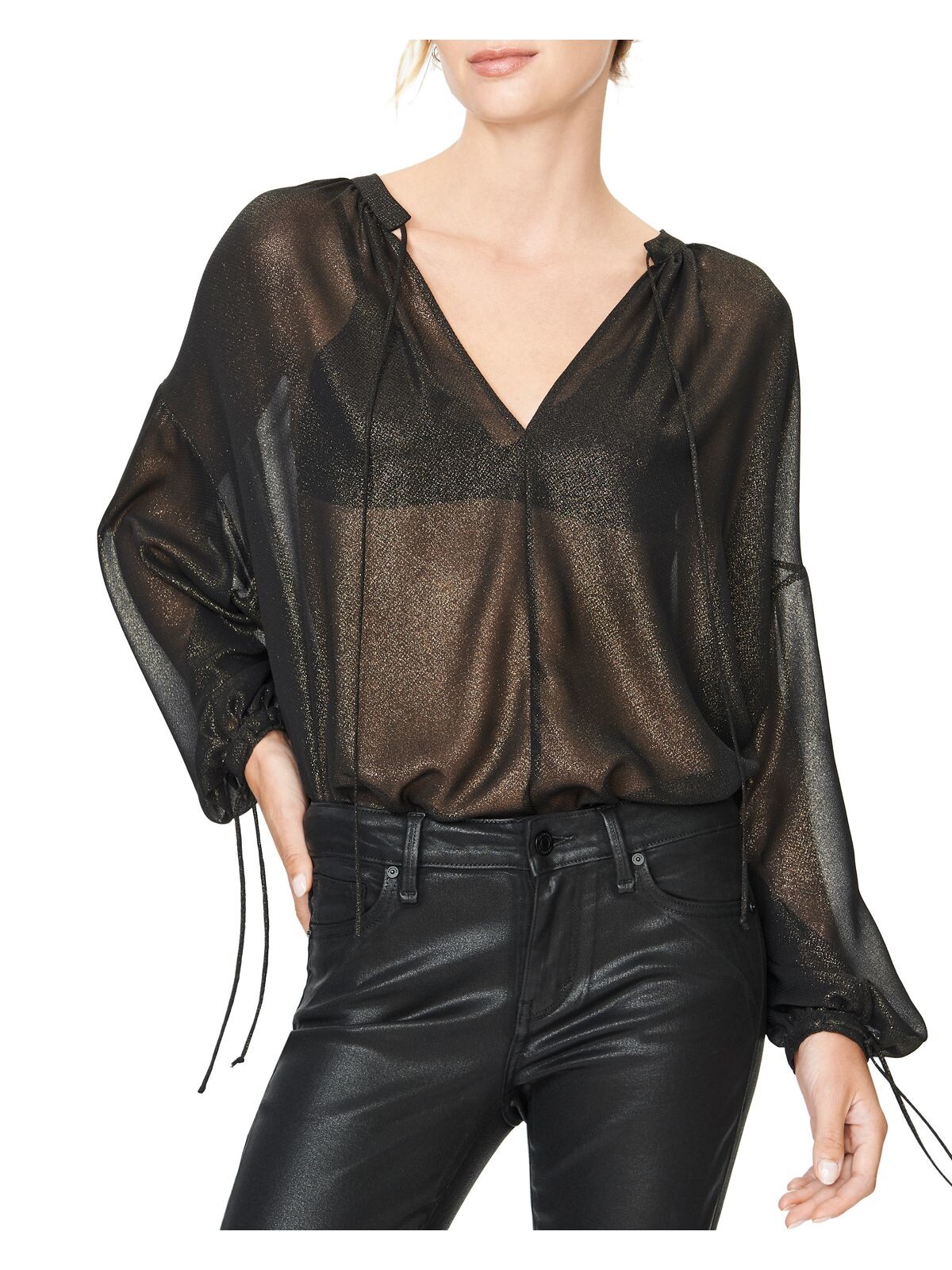 HABITUAL Womens Gold Metallic Sheer Tie Neck And Sleeves Long Sleeve V ...
