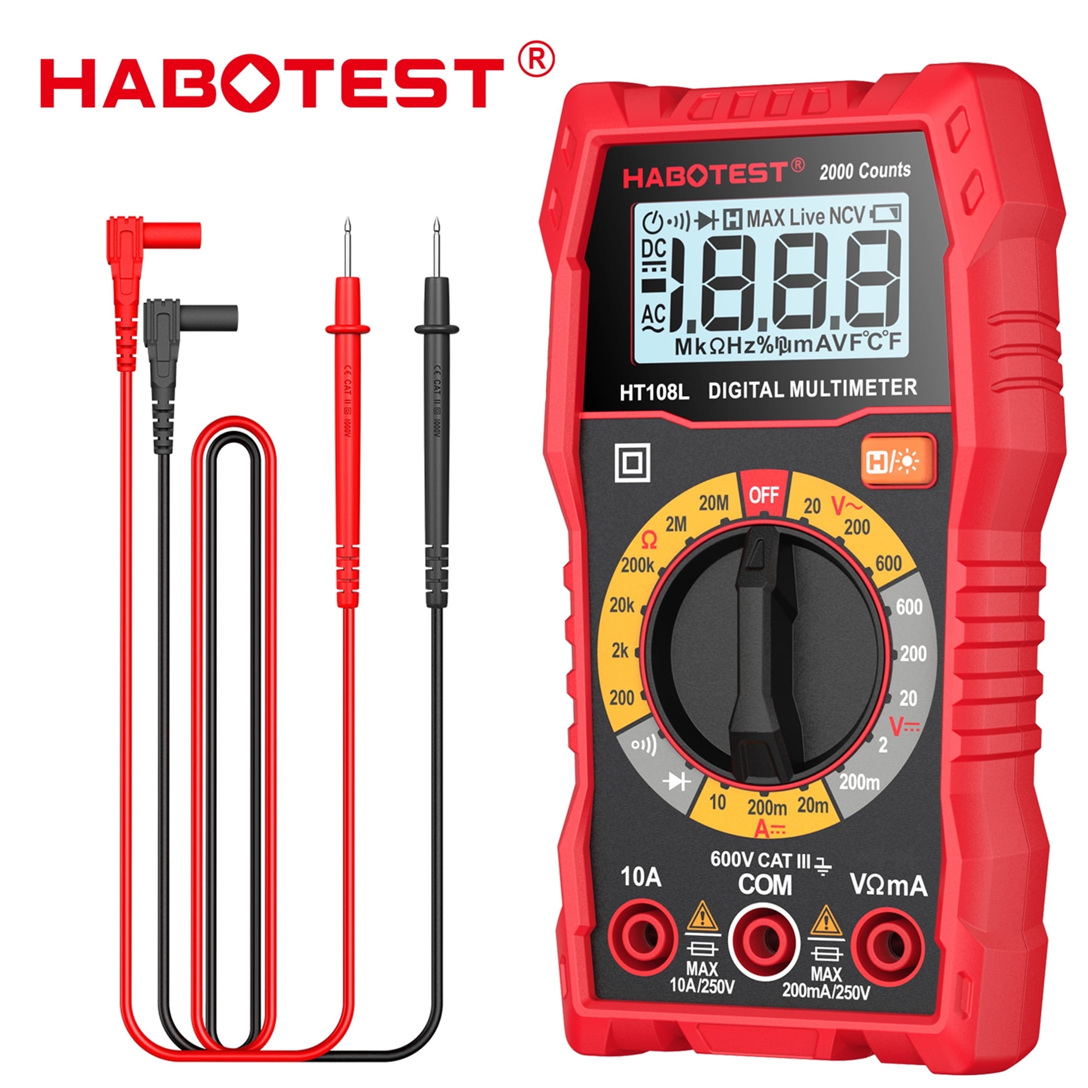 HABOTEST HT108L Digital Multimeter DC AC Voltmeter,TRMS 2000 Counts ...