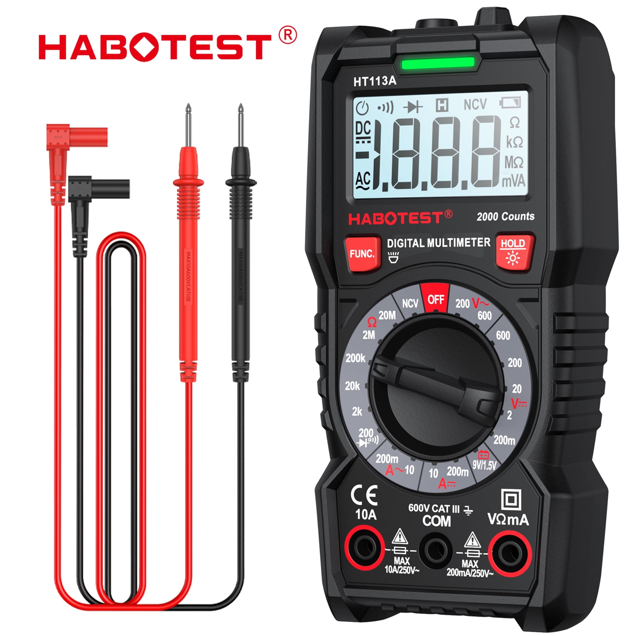 HABOTEST HT113A 2000 Counts Digital Multimeter,DC AC Voltmeter,Ohm Volt ...