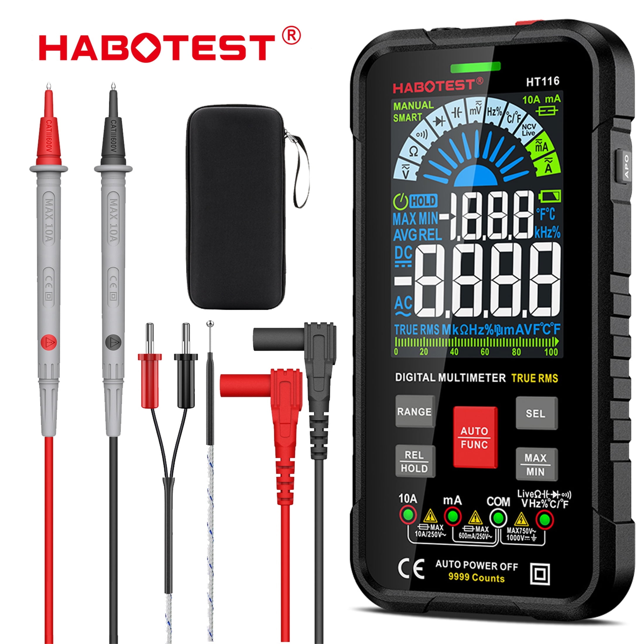 HABOTEST HT116 Smart Digital Multimeter Battery Voltage Tester, 10000 ...