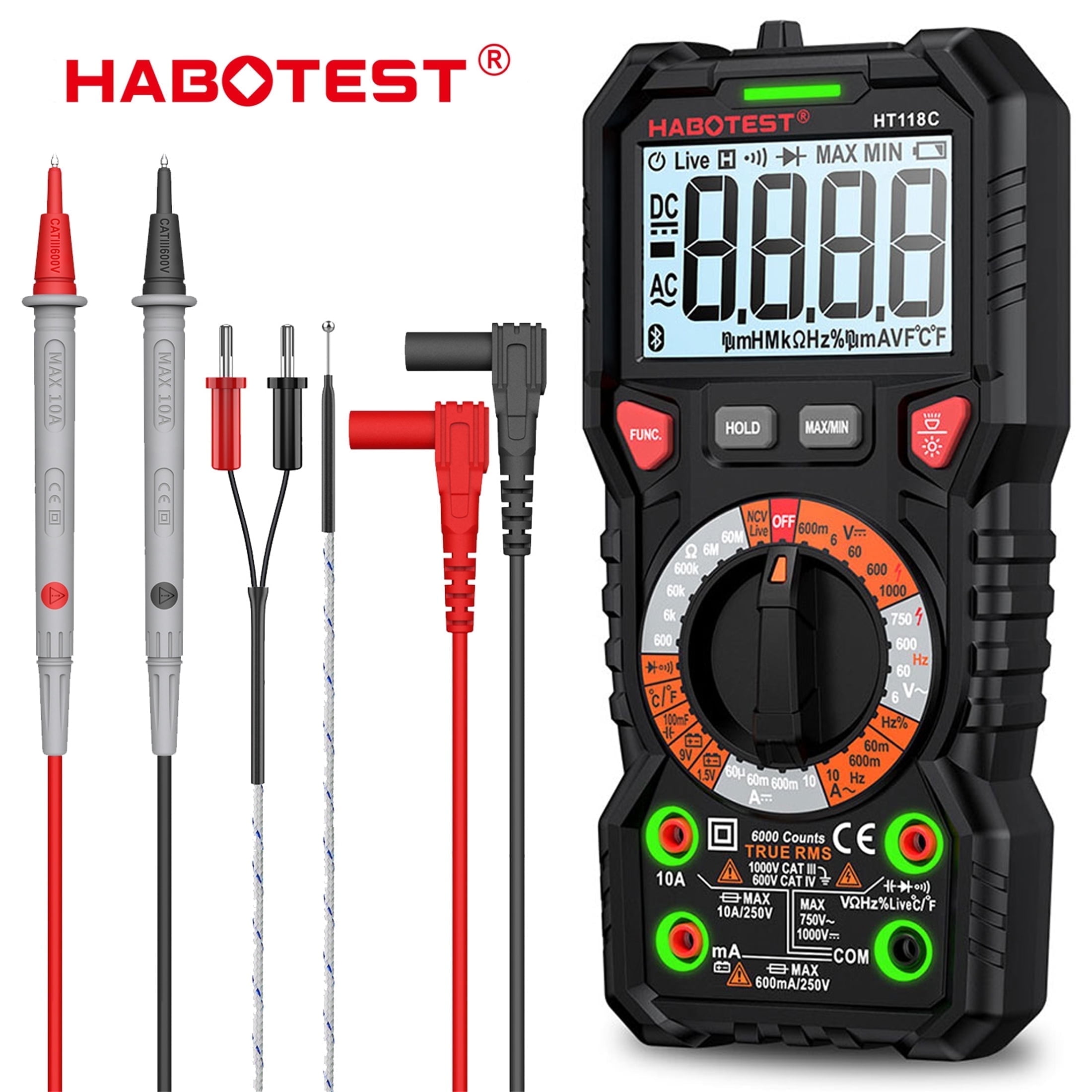 HABOTEST HT118C Classic Digital Multimeter, 6000 Counts,Smart ...