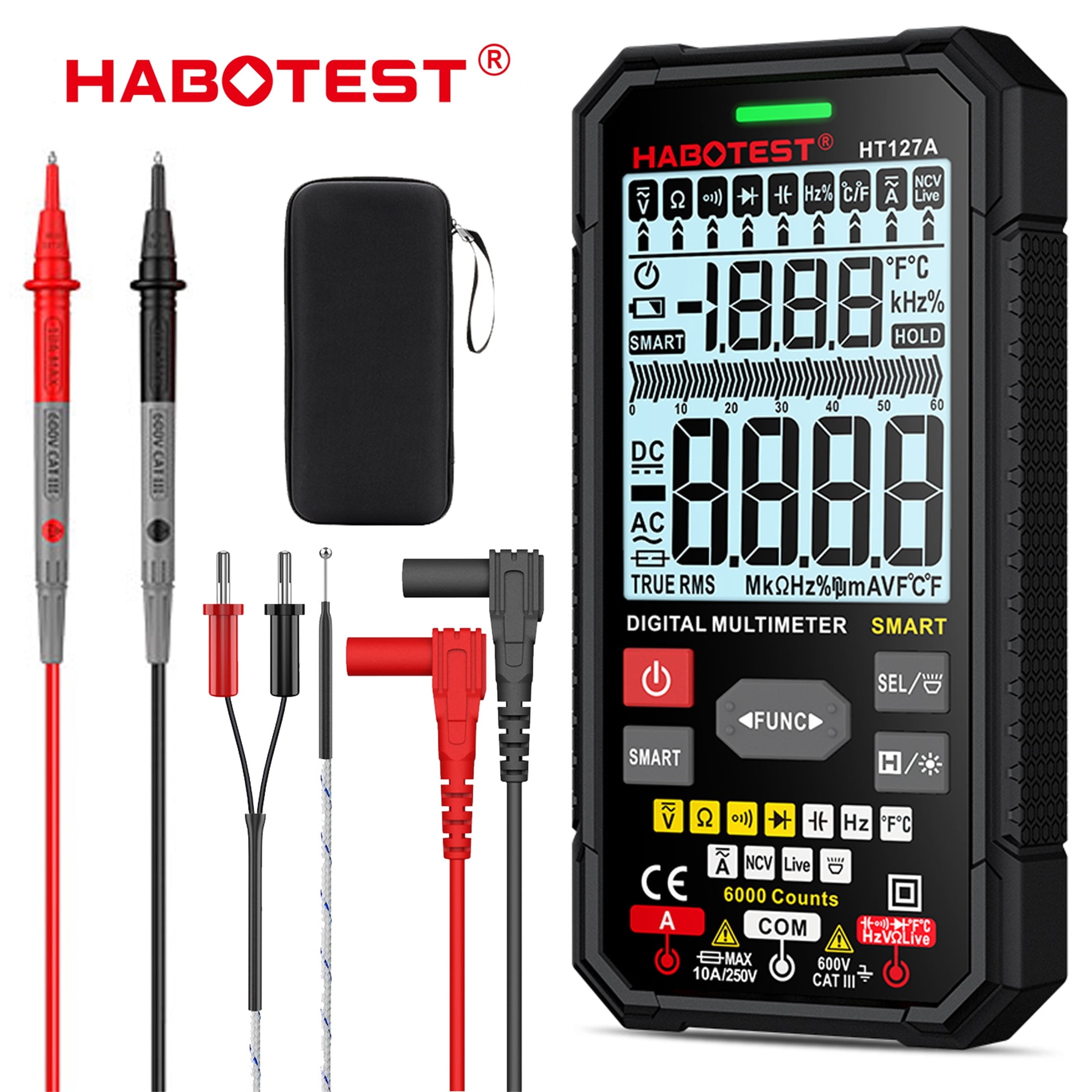 HABOTEST HT127A Smart Digital Multimeter Battery Voltage Tester, 6000 ...