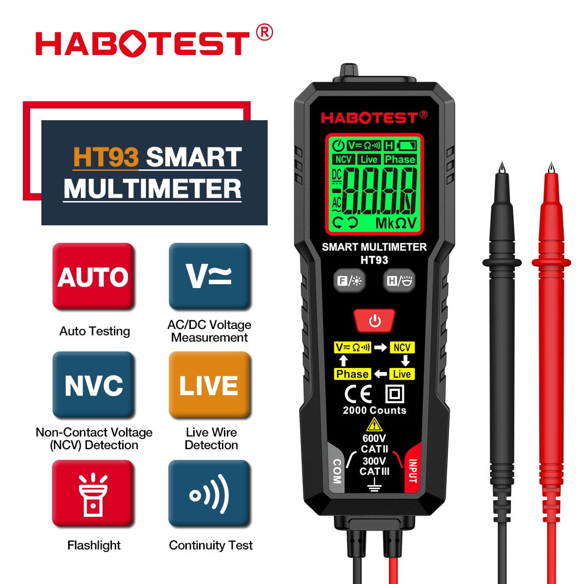 HABOTEST HT93 Smart Multimeter TRMS 2000 Counts, Voltmeter with NCV ...