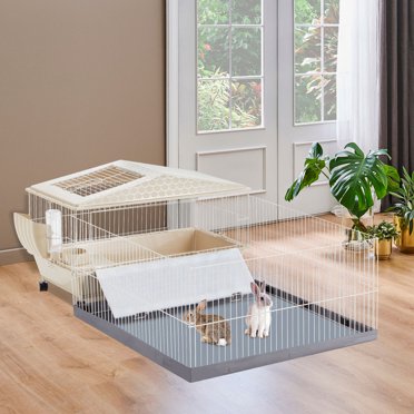 Pawhut Large Indoor/Outdoor Bunny Hutch Cage with Wheels and Rolling ...