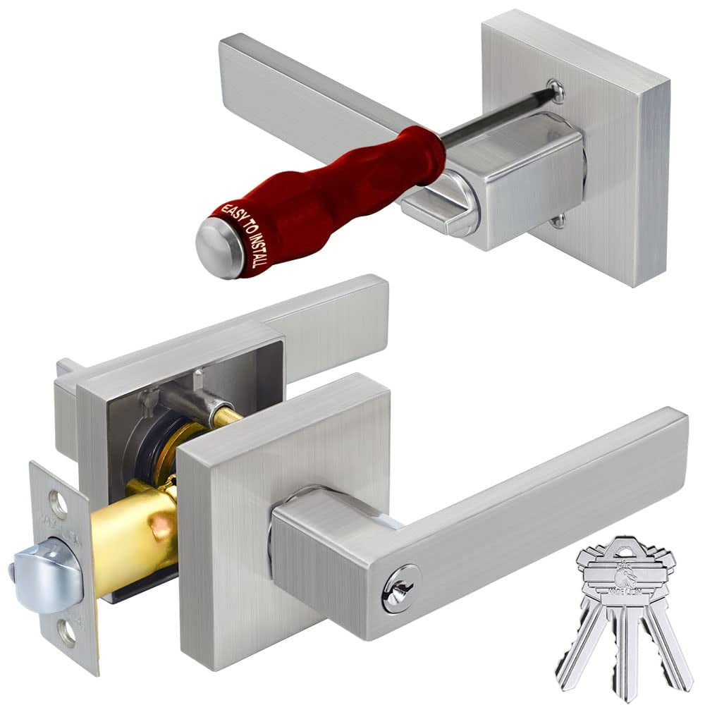 HADE LION Entry Brushed Nickel Door Handle Locks with Keys, Square ...