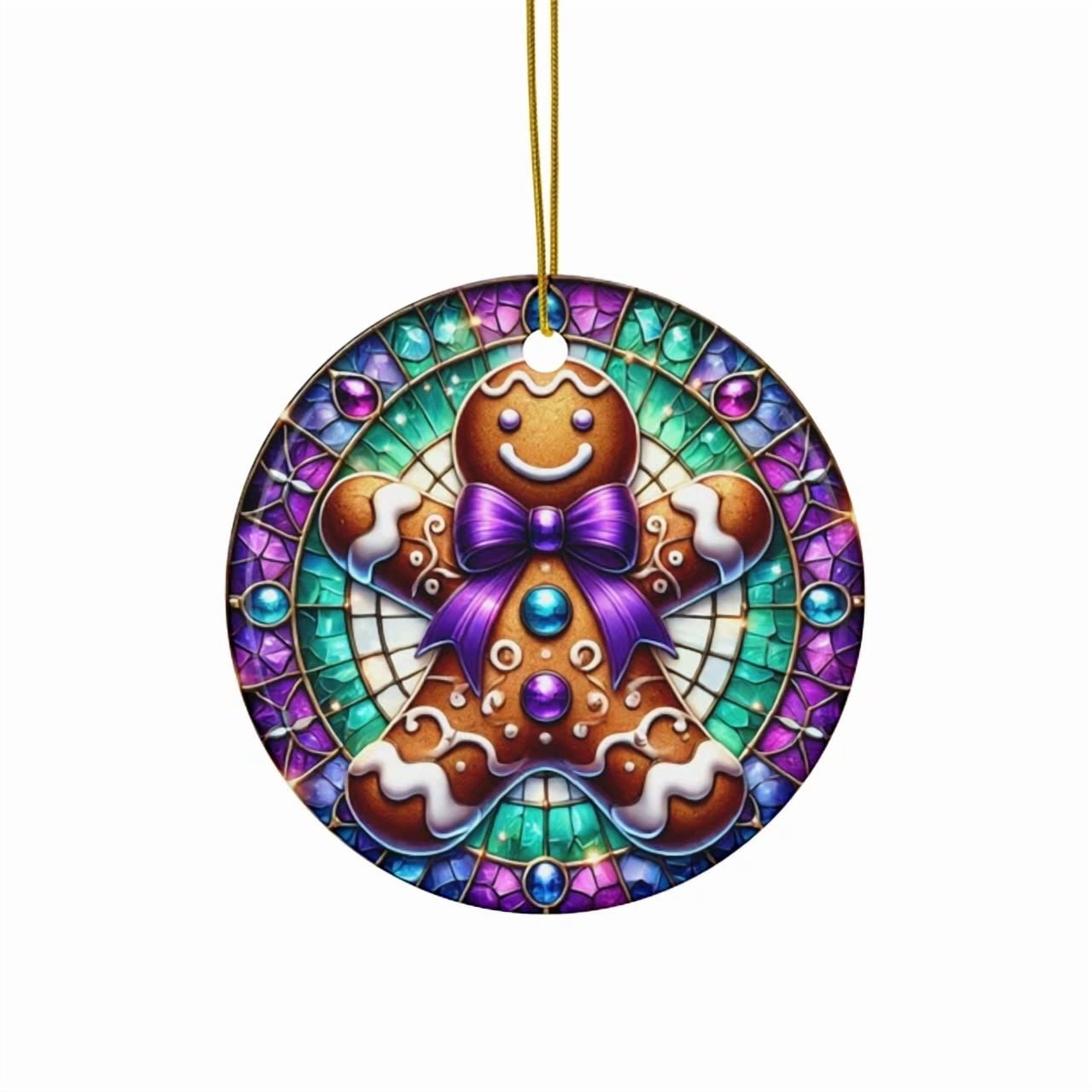 HADO Gingerbread Man With Purple Bow In Stained Glass Style - Printed ...