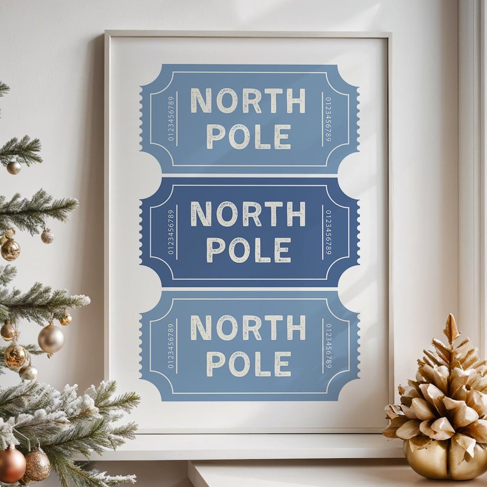 HADOPRINT Blue North Pole Ticket Chris.Tmas Wall Art, Winter Festive ...
