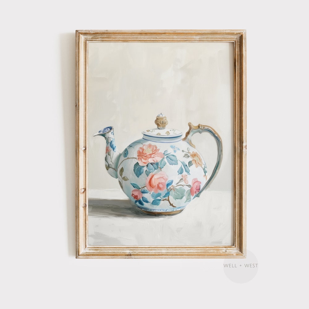 HADOPRINT Chinoiserie Tea Pot Print, Pastel Fine China, Farmhouse Wall ...