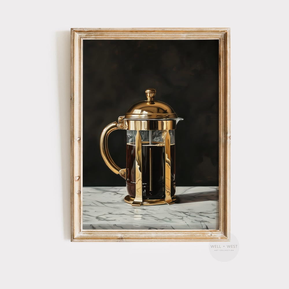 HADOPRINT Moody Coffee Art Print, Brass French Press Painting, Neutral ...