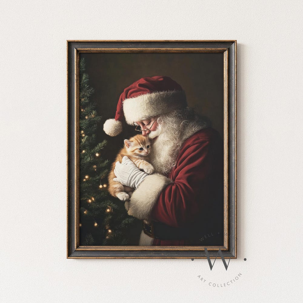 HADOPRINT Moody San.Ta Print, Vintage Style San.Ta And Kitten Wall Art ...