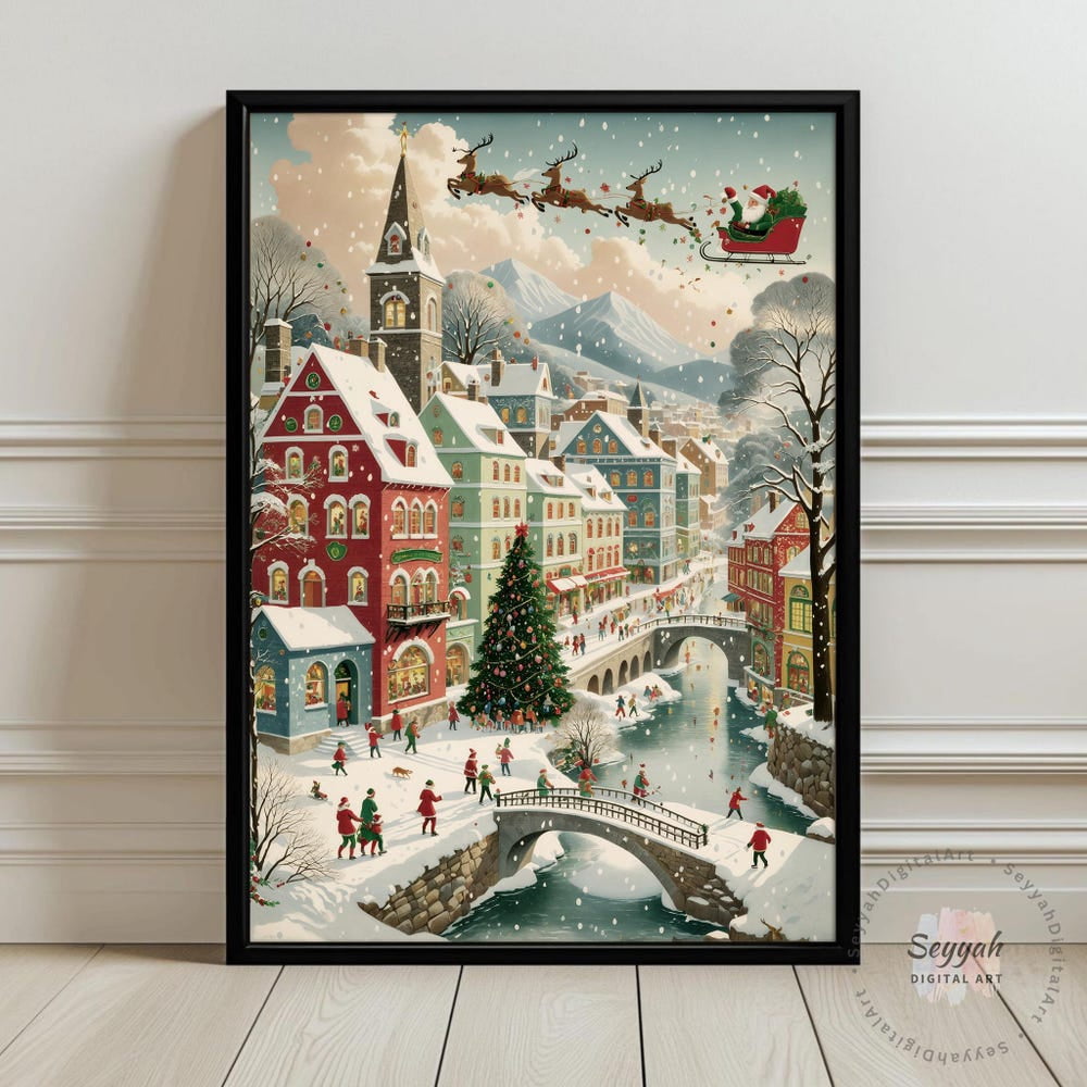 HADOPRINT Noel Village Wall Art, Jolly Man Sleigh Festive Painting ...