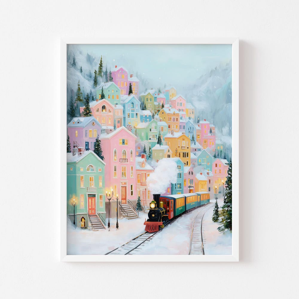 HADOPRINT Pastel Chris.Tmas Village Train Wall Art, Winter Mountain ...