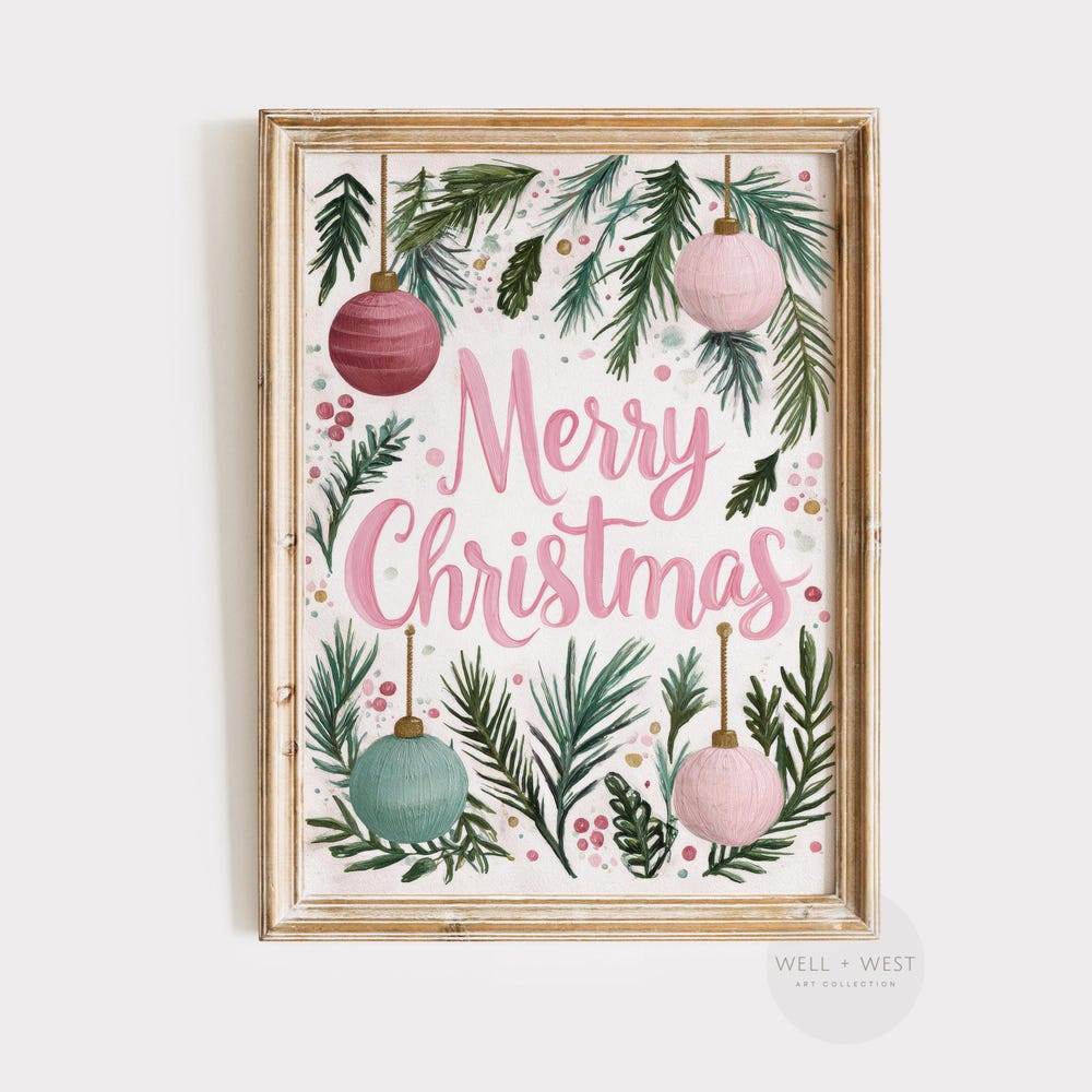 HADOPRINT Pastel Pink Merry Chris.Tmas Wall Art Print, Coquette Festive ...
