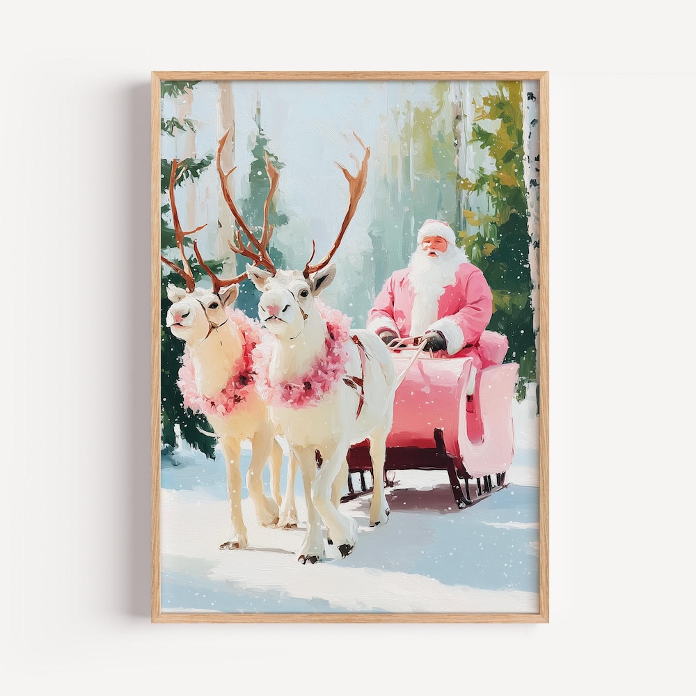 HADOPRINT Pink San.Ta Wall Art, Pastel Chris.Tmas Reindeer Print, Pink ...