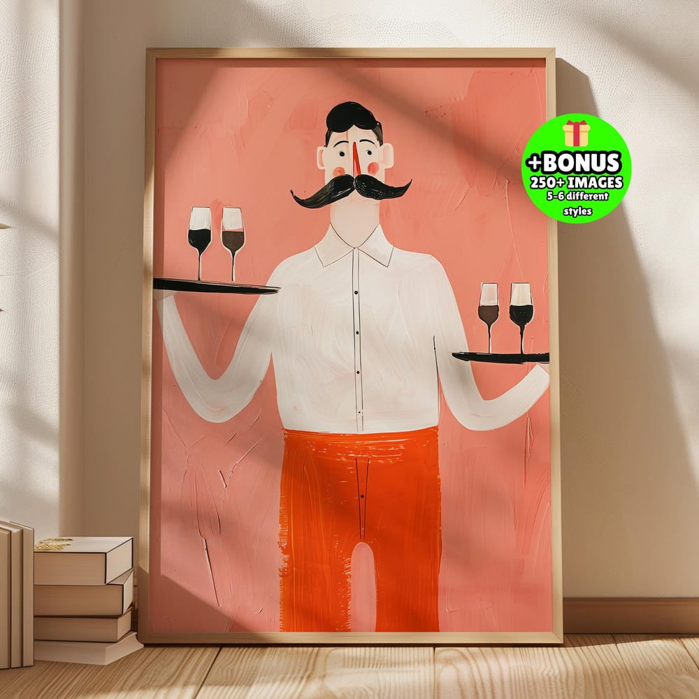 HADOPRINT Retro Chic Waiter & Wine Print, Playful Abstract Wall Art ...