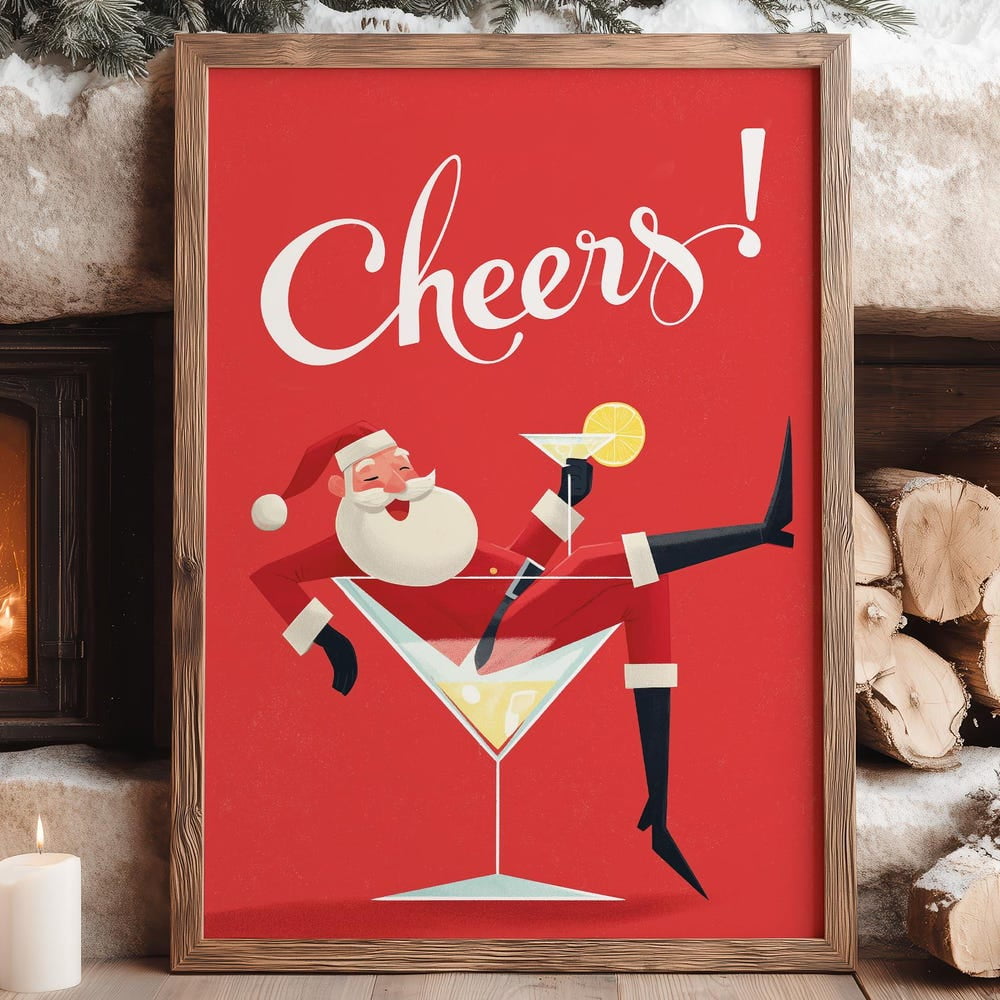 HADOPRINT Retro San.Ta Cheers Wall Art, Fun Chris.Tmas Cocktail Print ...