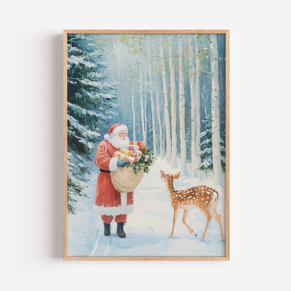 HADOPRINT San.Ta And Deer Chris.Tmas Wall Art, Vintage Winter Forest ...