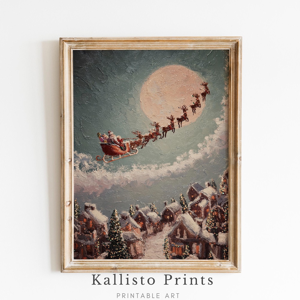 HADOPRINT San.Ta Sleigh Over Snowy Village Vintage Chris.Tmas Wall Art ...