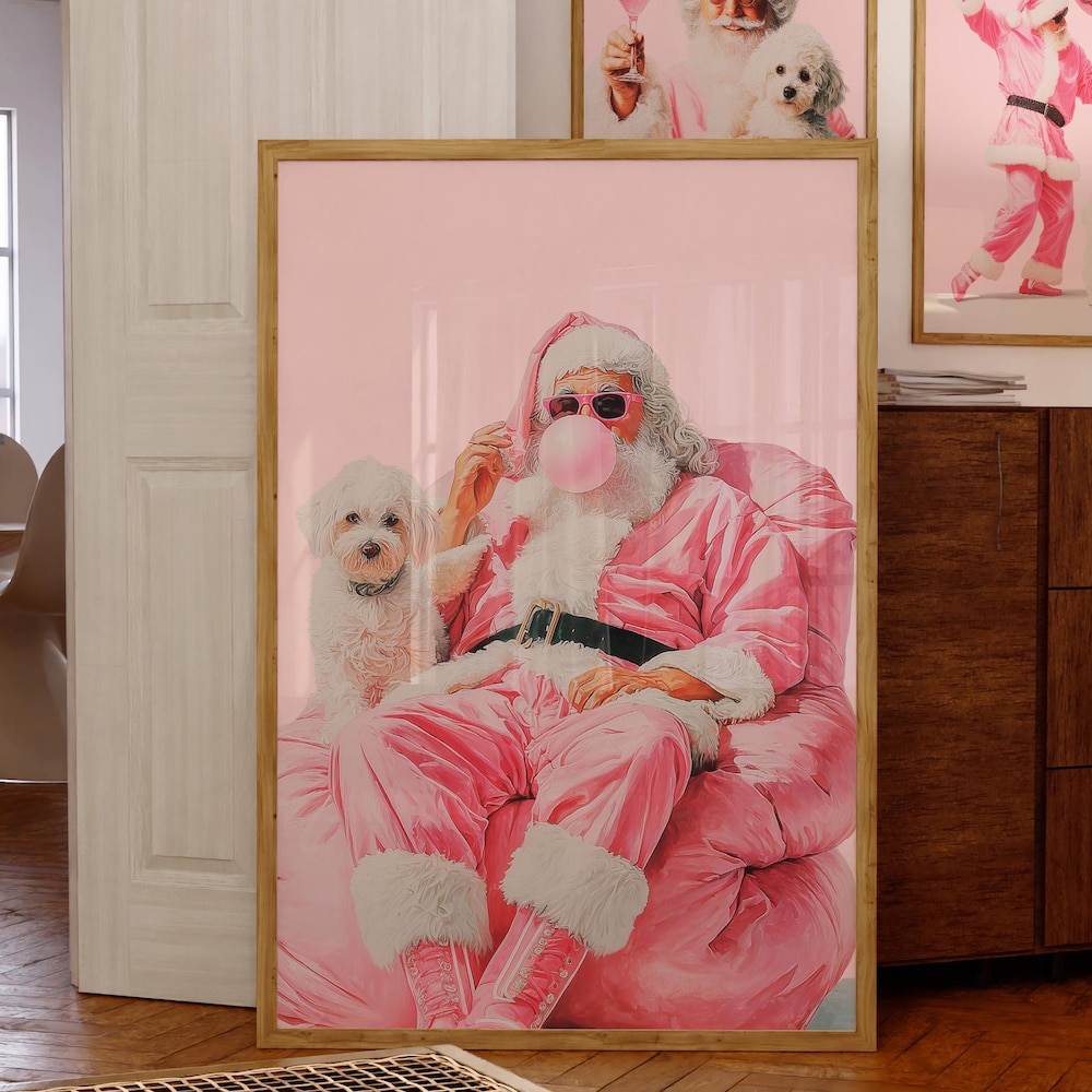 HADOPRINT Trendy Pink San.Ta Wall Art, Funny Chris.Tmas Print With Dog ...
