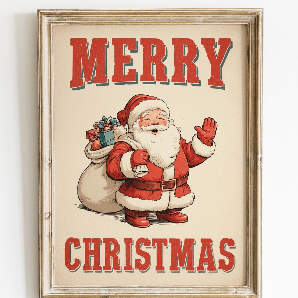 HADOPRINT Vintage San.Ta Merry Chris.Tmas Print Retro Festive Wall Art ...