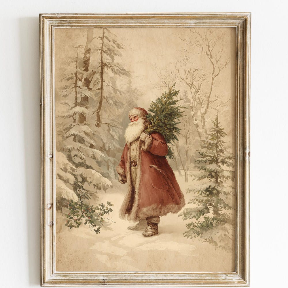 HADOPRINT Vintage San.Ta Woodland Art Print, San.Ta Carrying Chris.Tmas ...