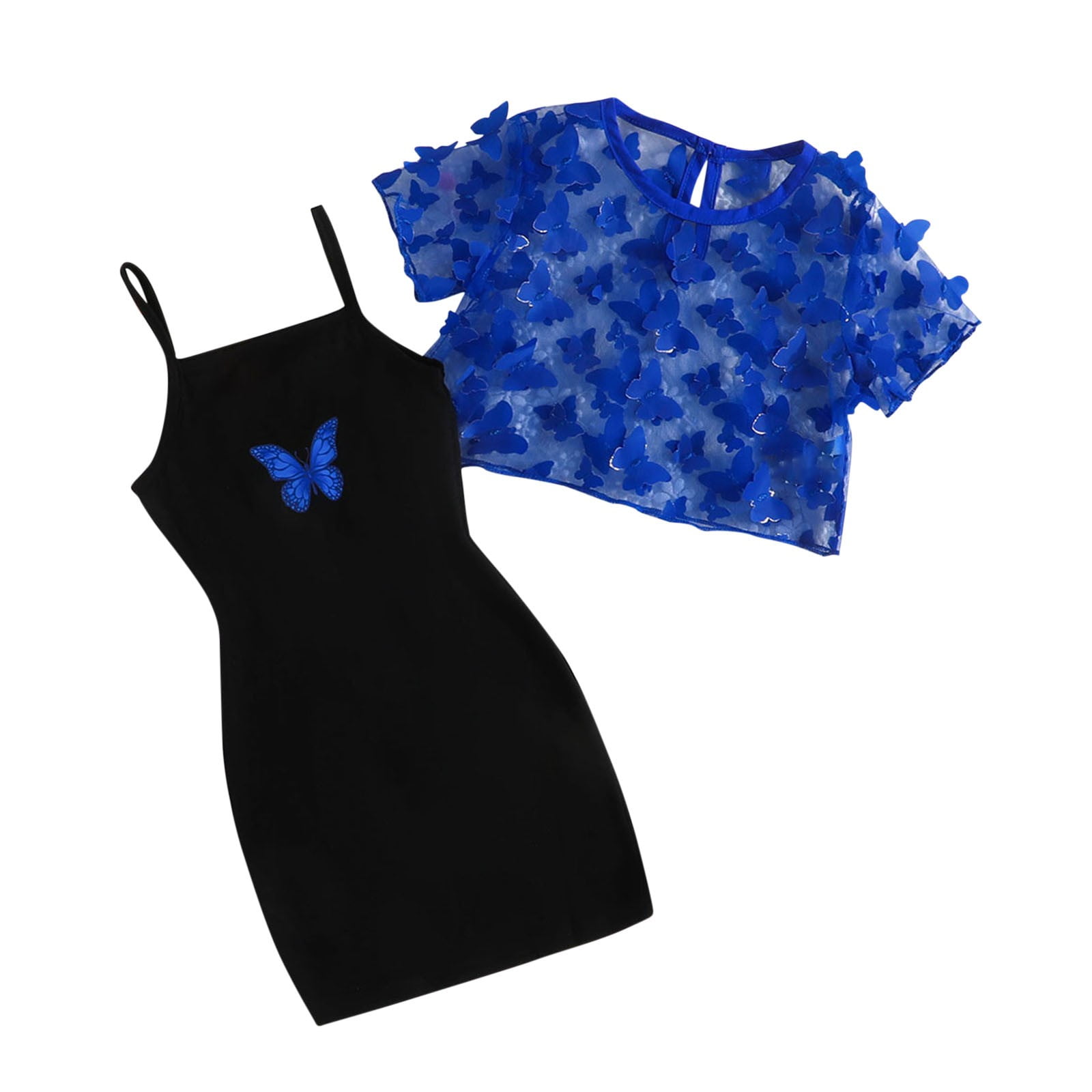 HADST Girl's 2 Piece Outfits - Short Sleeve Mesh Crop Top and Butterfly ...