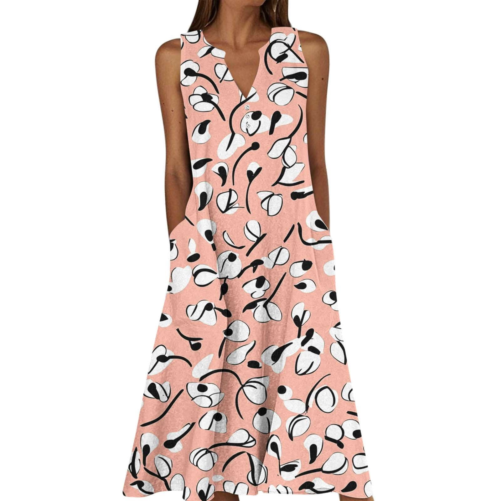HADST Women's Floral Print Sleeveless V-Neck Midi Dress, A-Line Loose ...