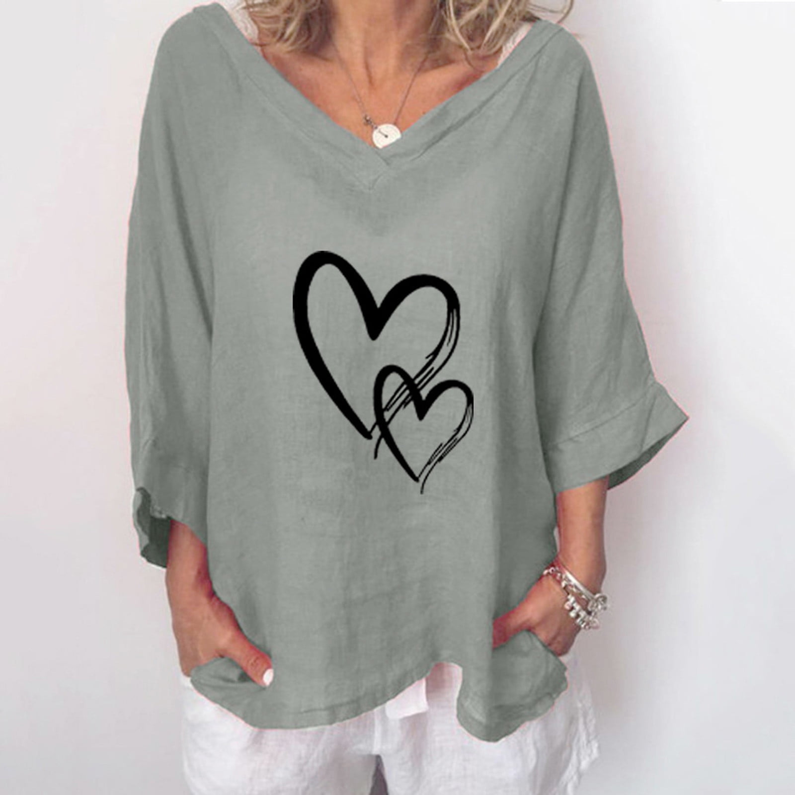 HADST Women's Tops 3/4 Sleeve - Plus Size Cotton Linen Tops Heart ...