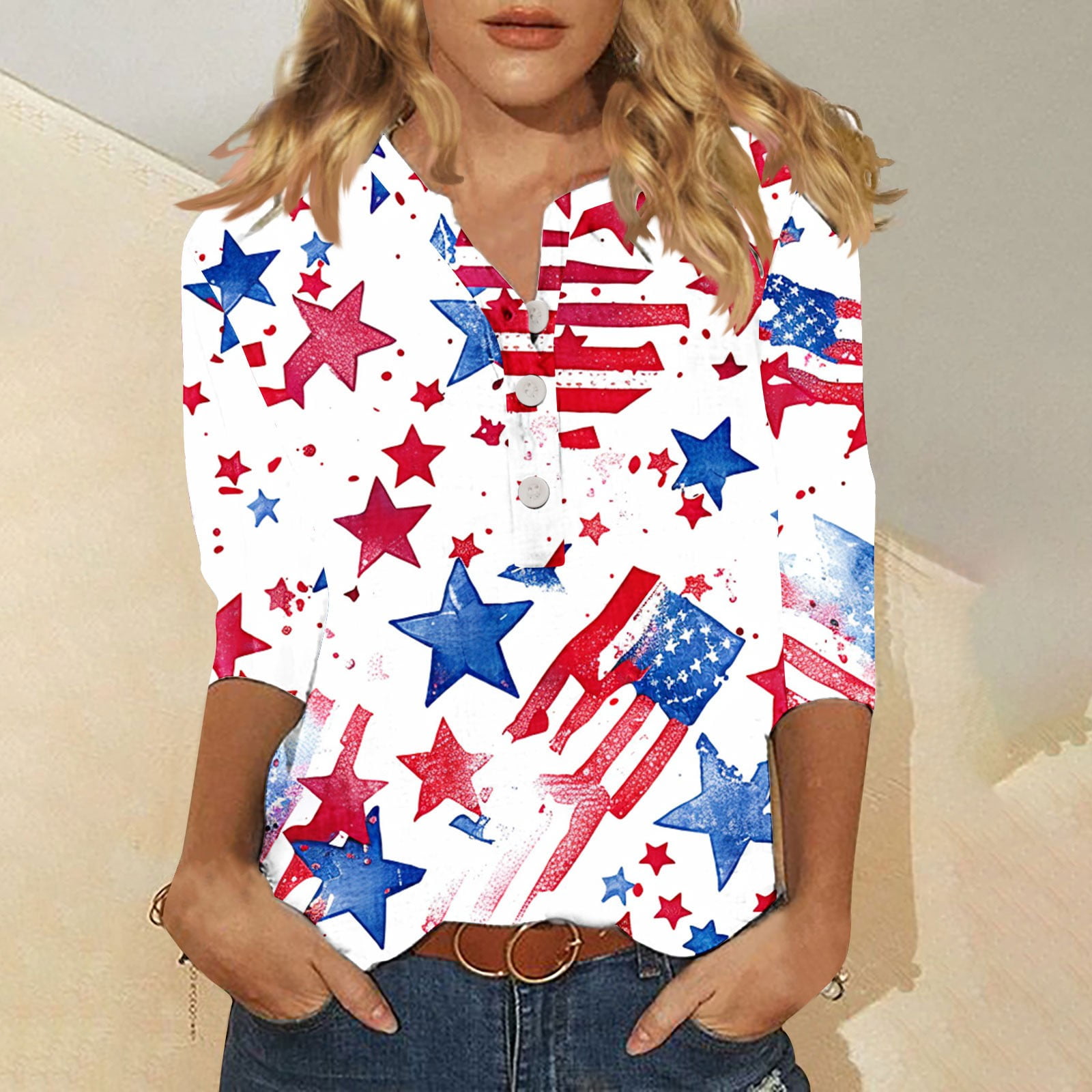 HADST Womens 3/4 Sleeve Tops and Blouses - 4th of July Shirts Button V ...