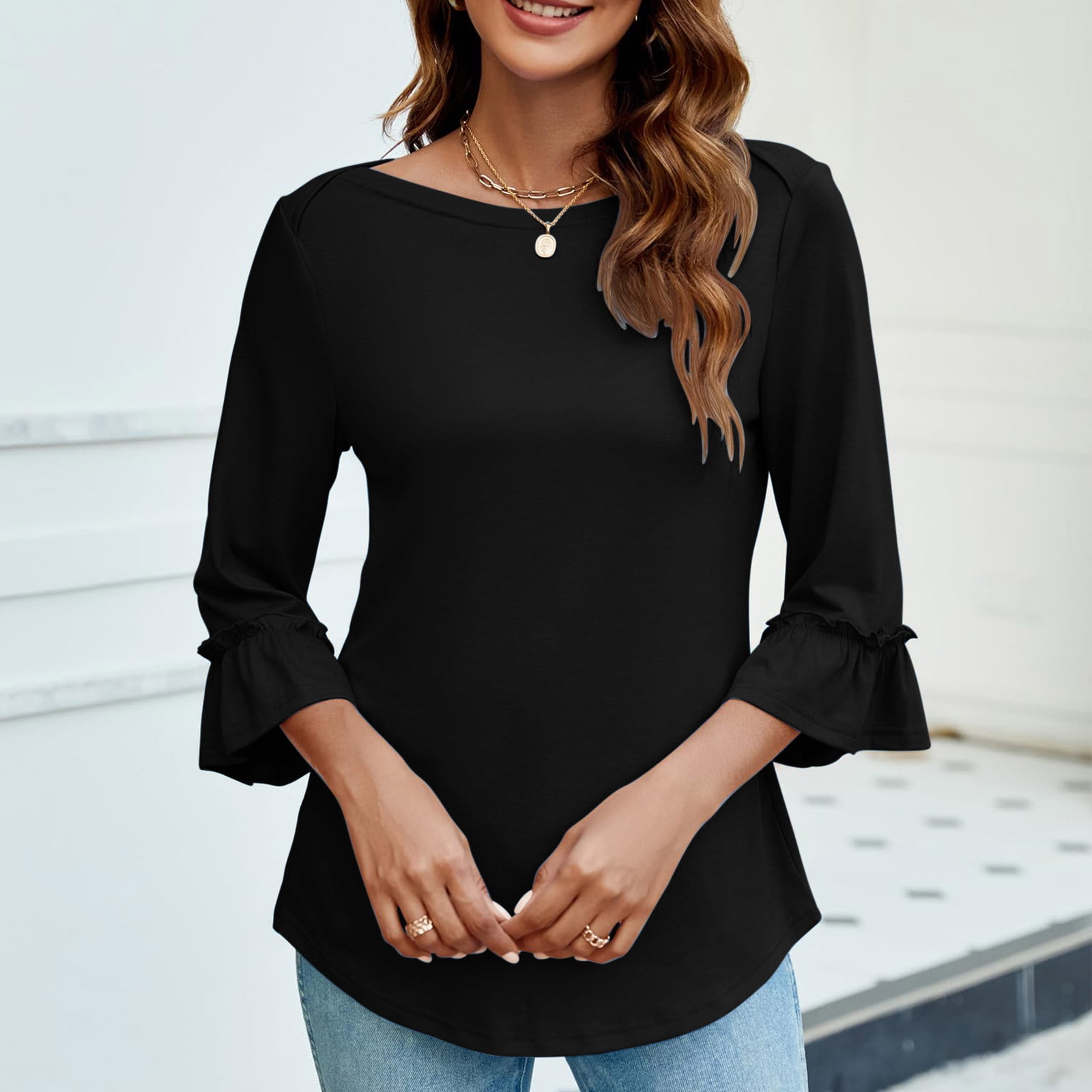 HADST Womens Tops 3/4 Sleeve - Casual Round Neck Tunic Tops Solid ...