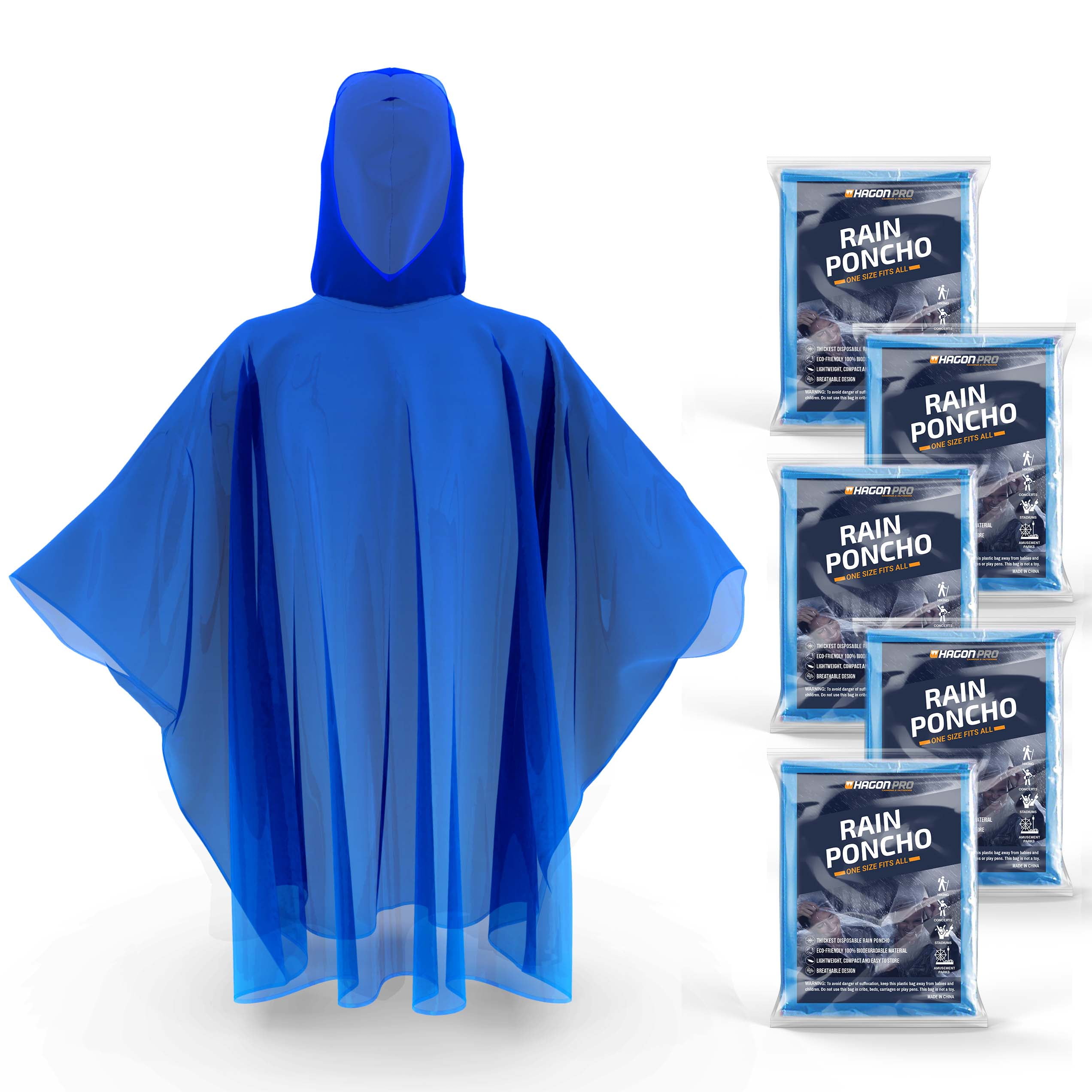 HAGON PRO Disposable Rain Ponchos for Adults-Blue Poncho with Hood-5 ...