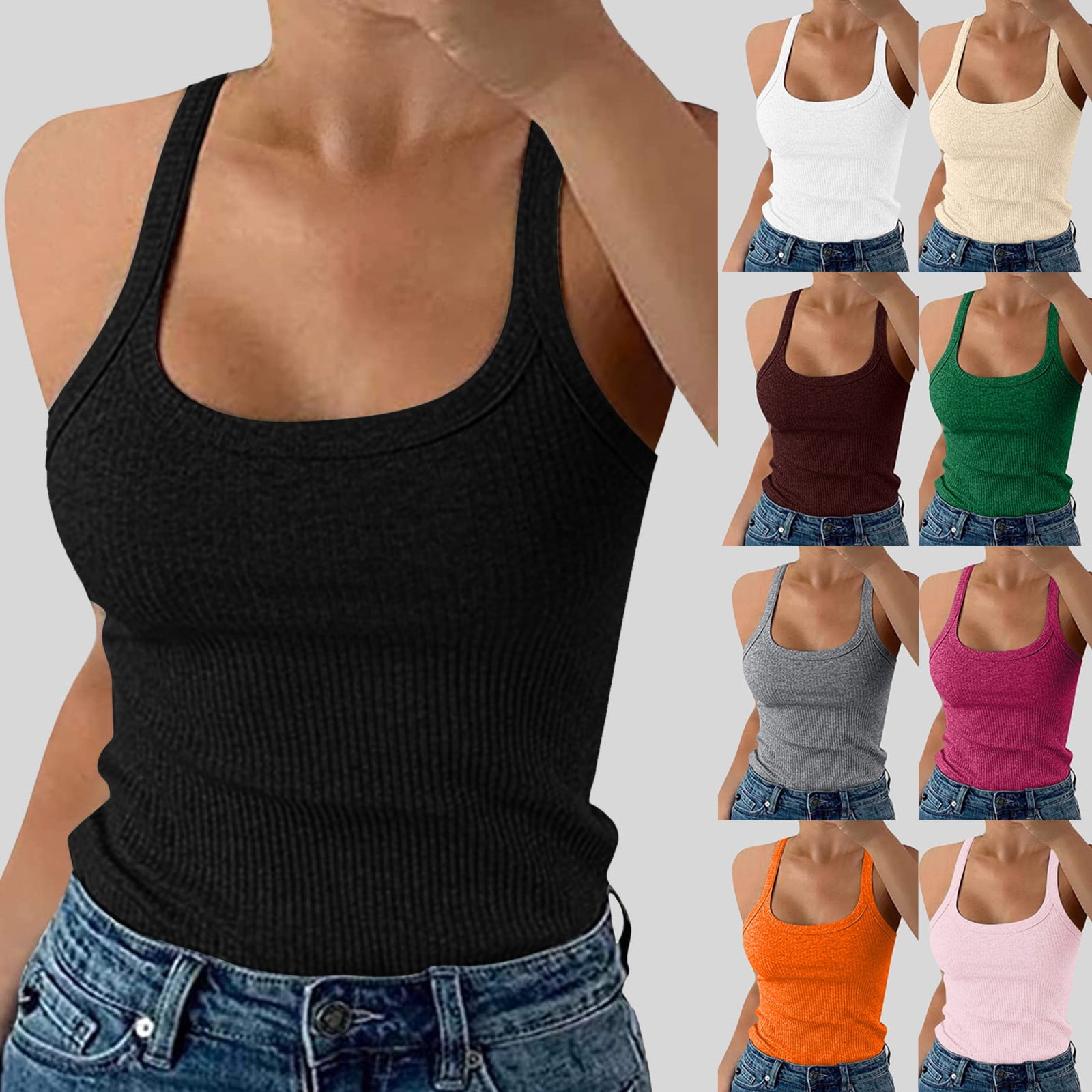 HAIJIE Women’s Ribbed Tank Top, U-Neck Sleeveless Camisole, Form ...
