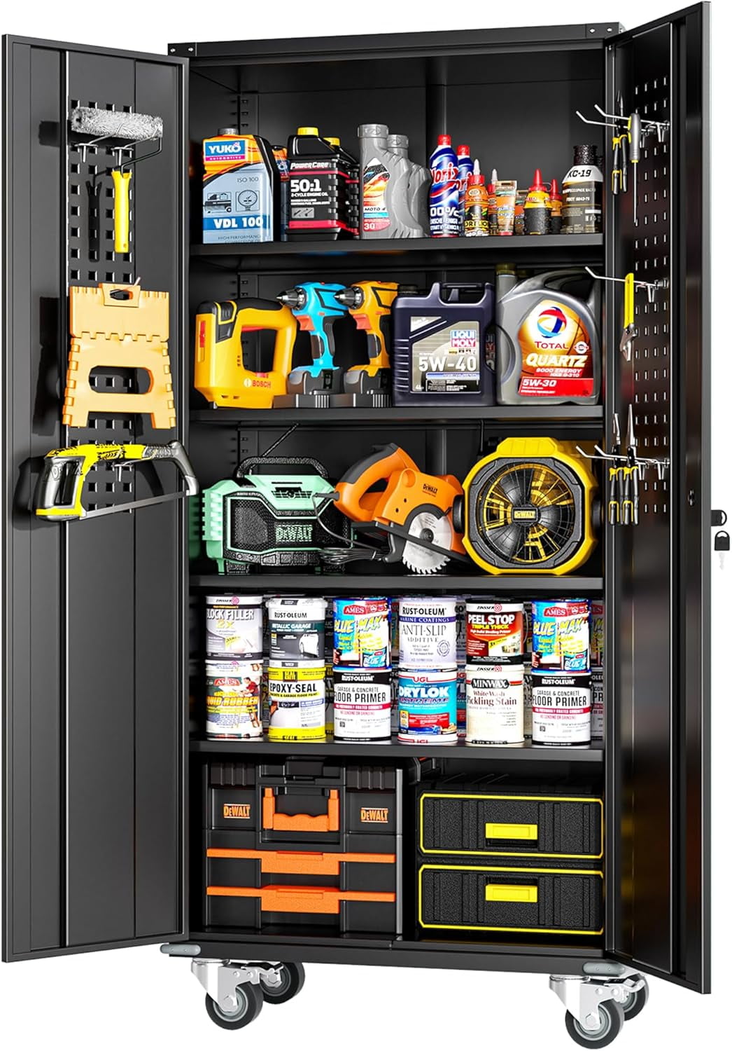 HAIJING 74" Metal Garage Storage Cabinet with Wheels and Pegboard ...