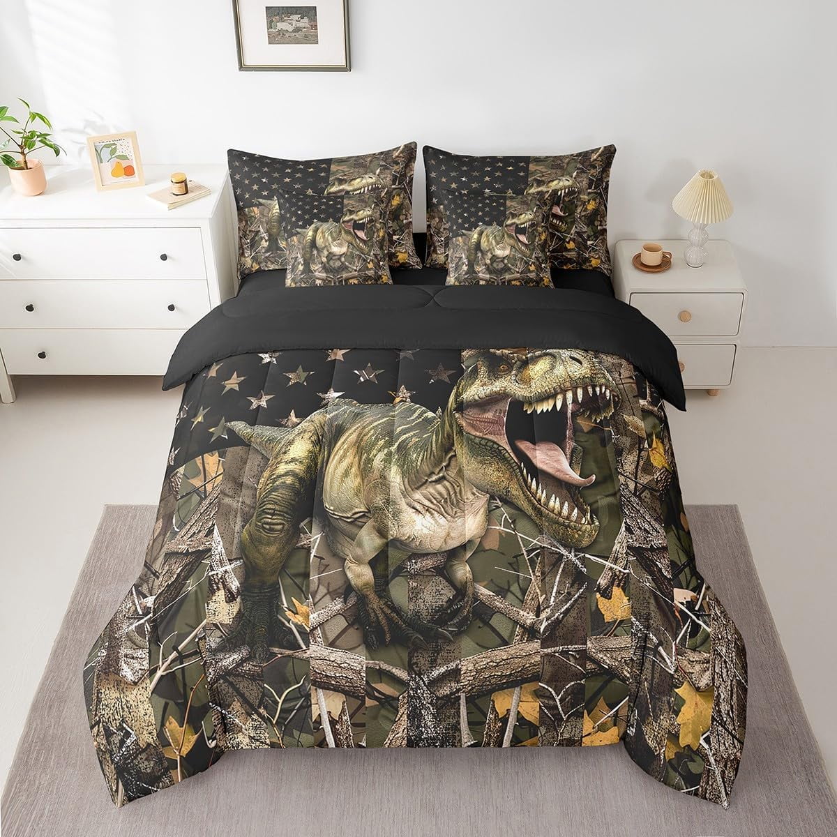 HAIJING Dinosaur Bed in a Bag King Size Comforter Set 7 Pieces,Vintage ...