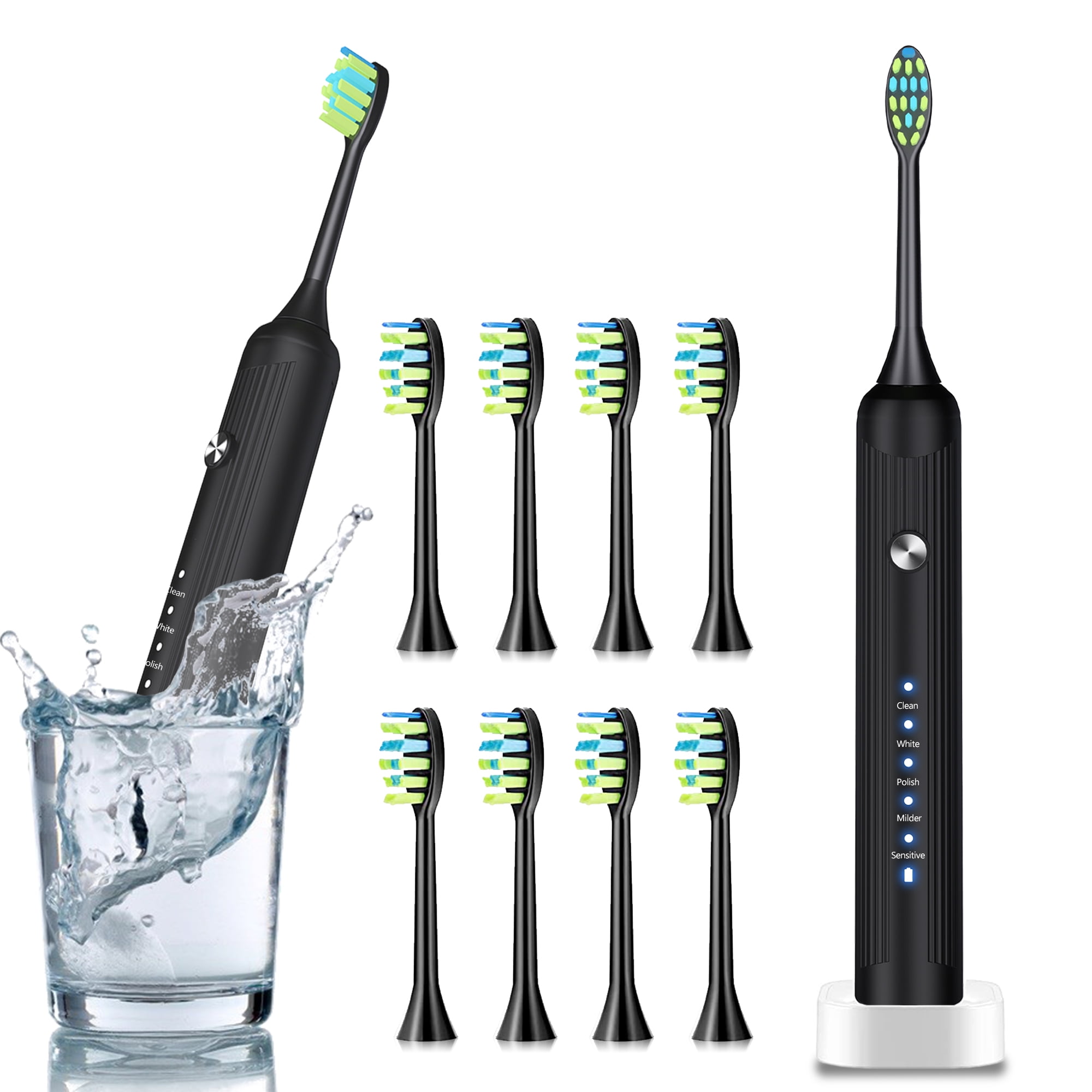 HAIKUADAY Electric Toothbrush for Adults and Kids with 6 Brush Soft Heads 5 Modes, Black ...