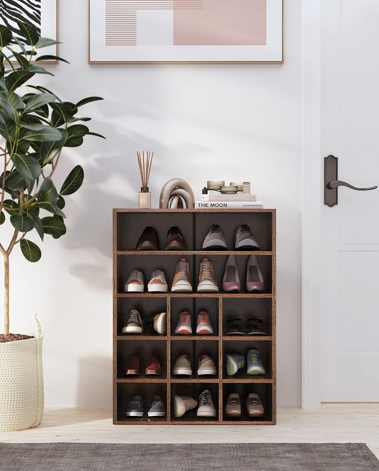 HAIOOU 9-Cube Shoe Cubby, 5-Tier Wood Organizer, 2 Shelves, Holds 10-15 ...