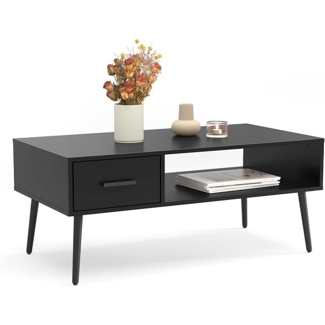 Black Rectangular Coffee Table , Mid Century Coffee Table with Storage and Modern Style Wood ...